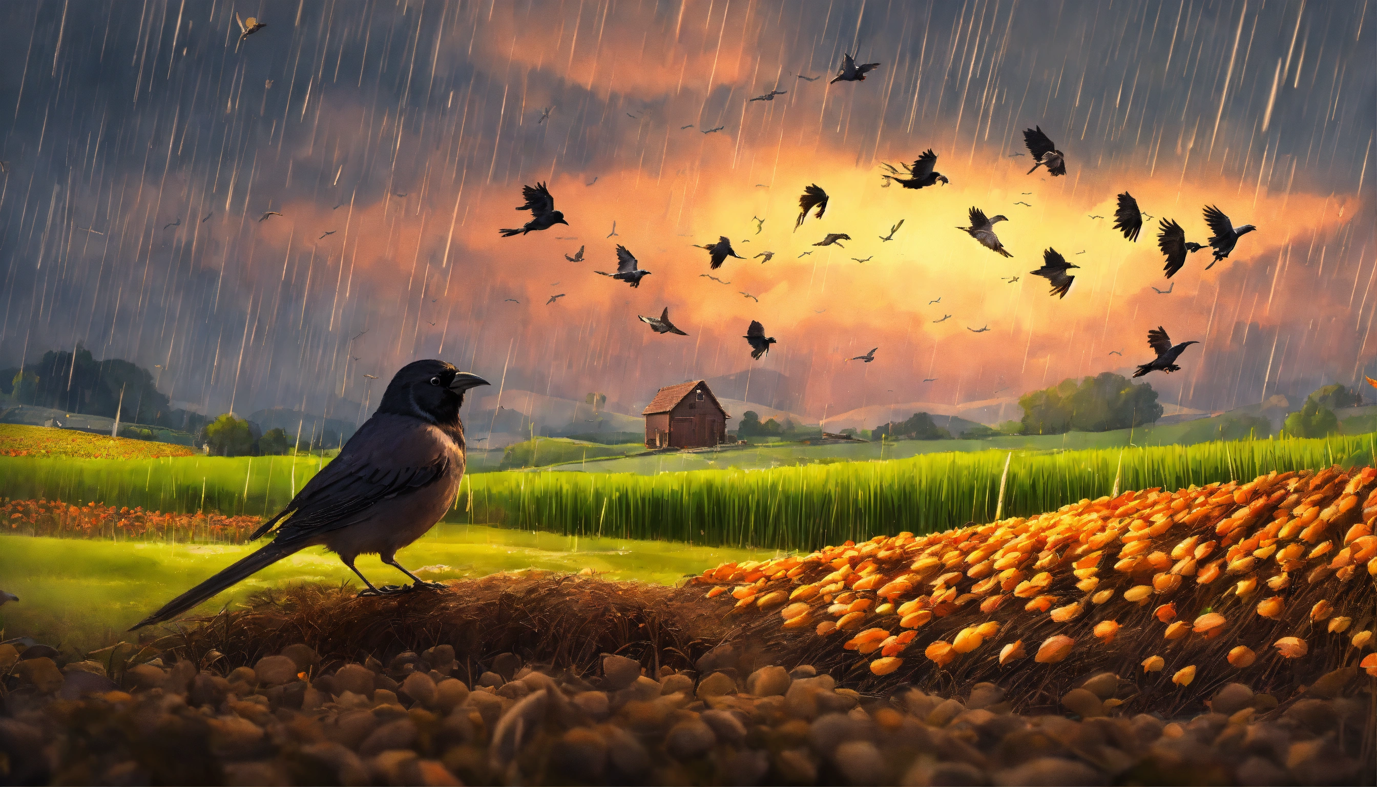 Lexica - "Depict a rainy day when the sparrow encourages the crow to ...