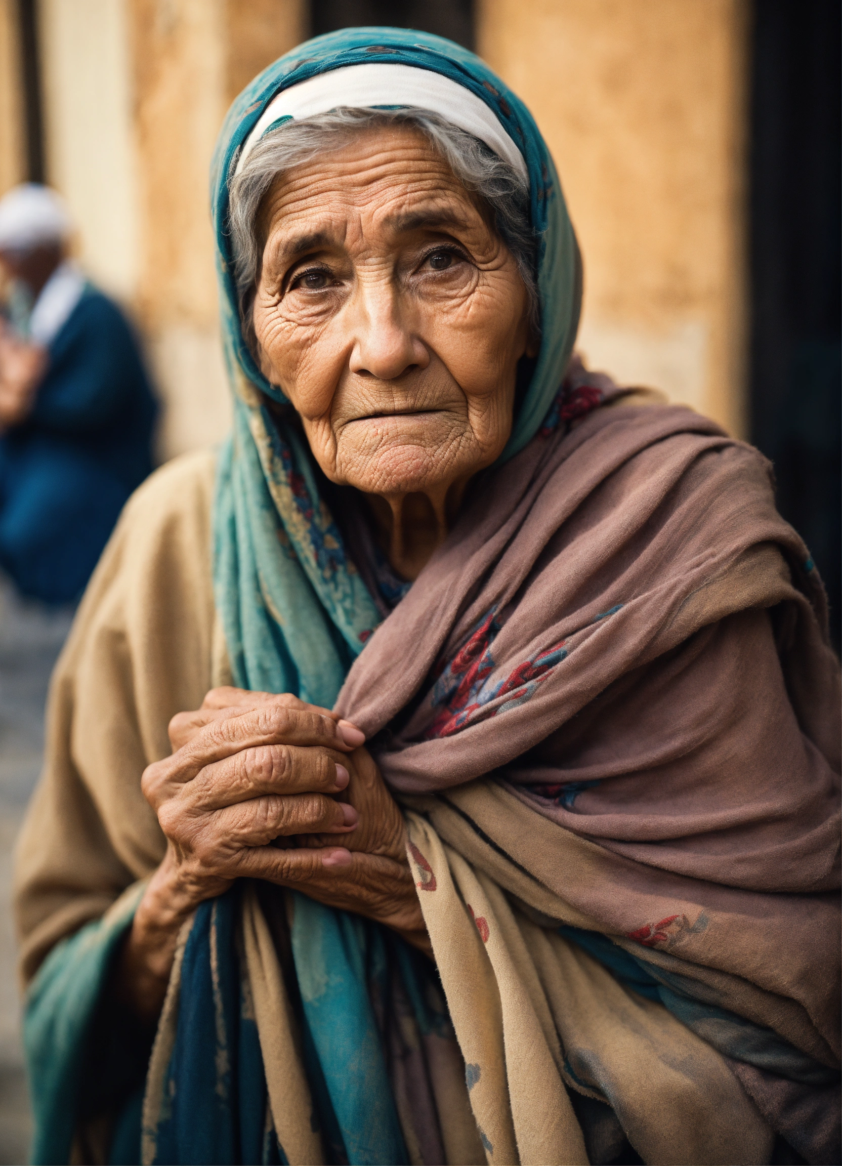 Lexica - Old, poor woman, dressed in rags, shawl over her shoulders ...