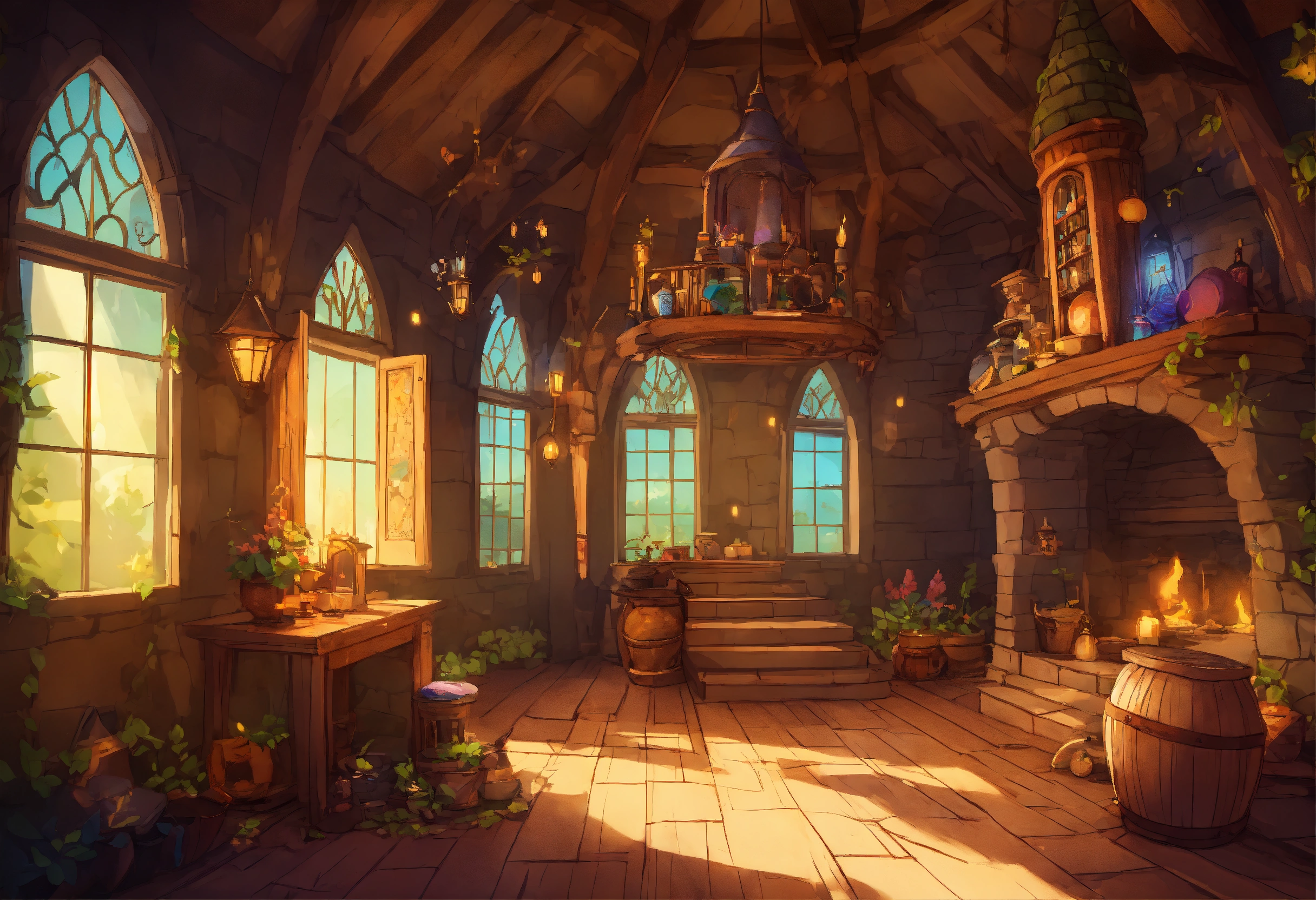Lexica - Cartoon fairy taie style image inside witch castle hall