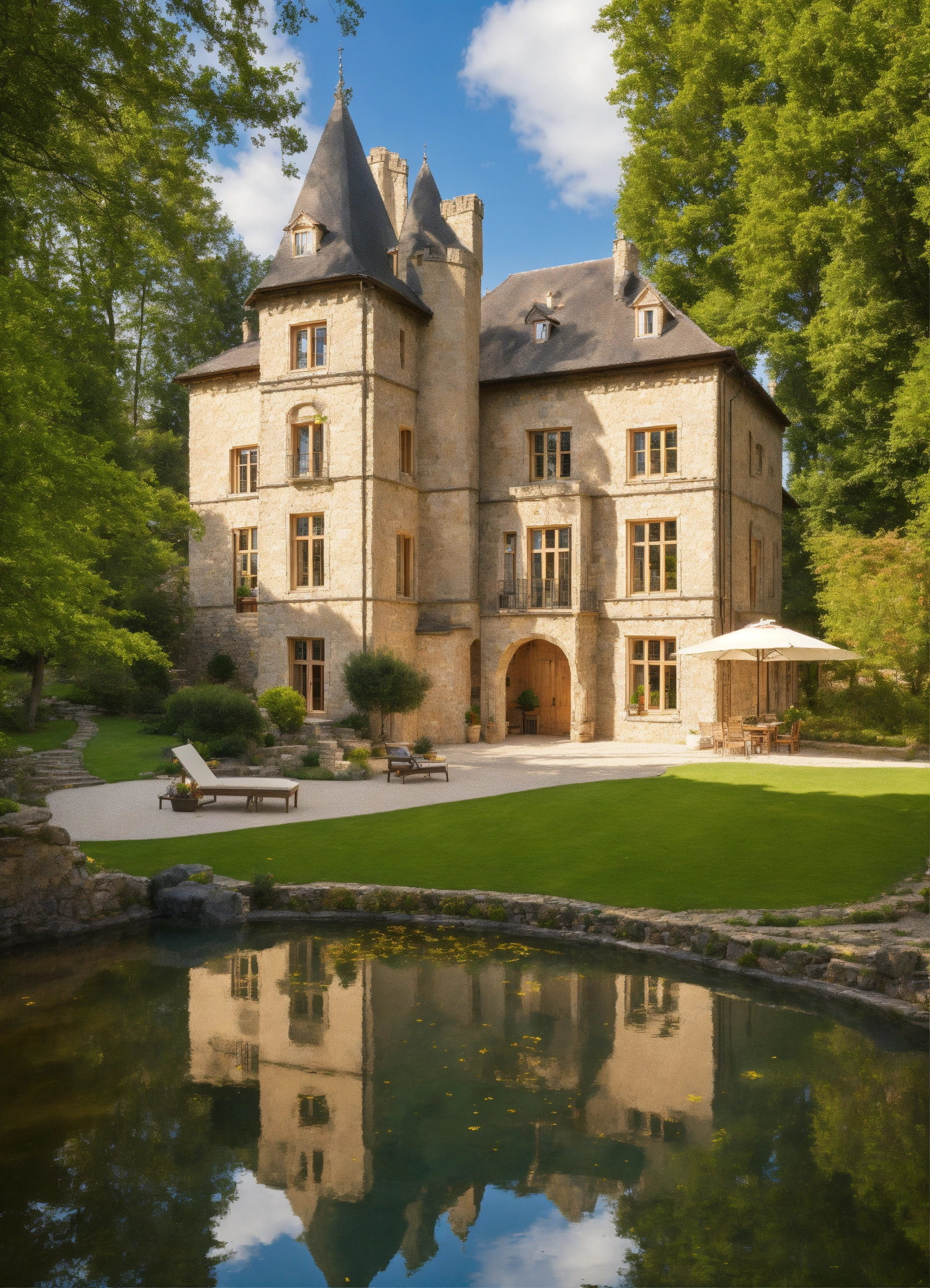 Lexica - Classic huge castle in wood and stone and interior with garden ...