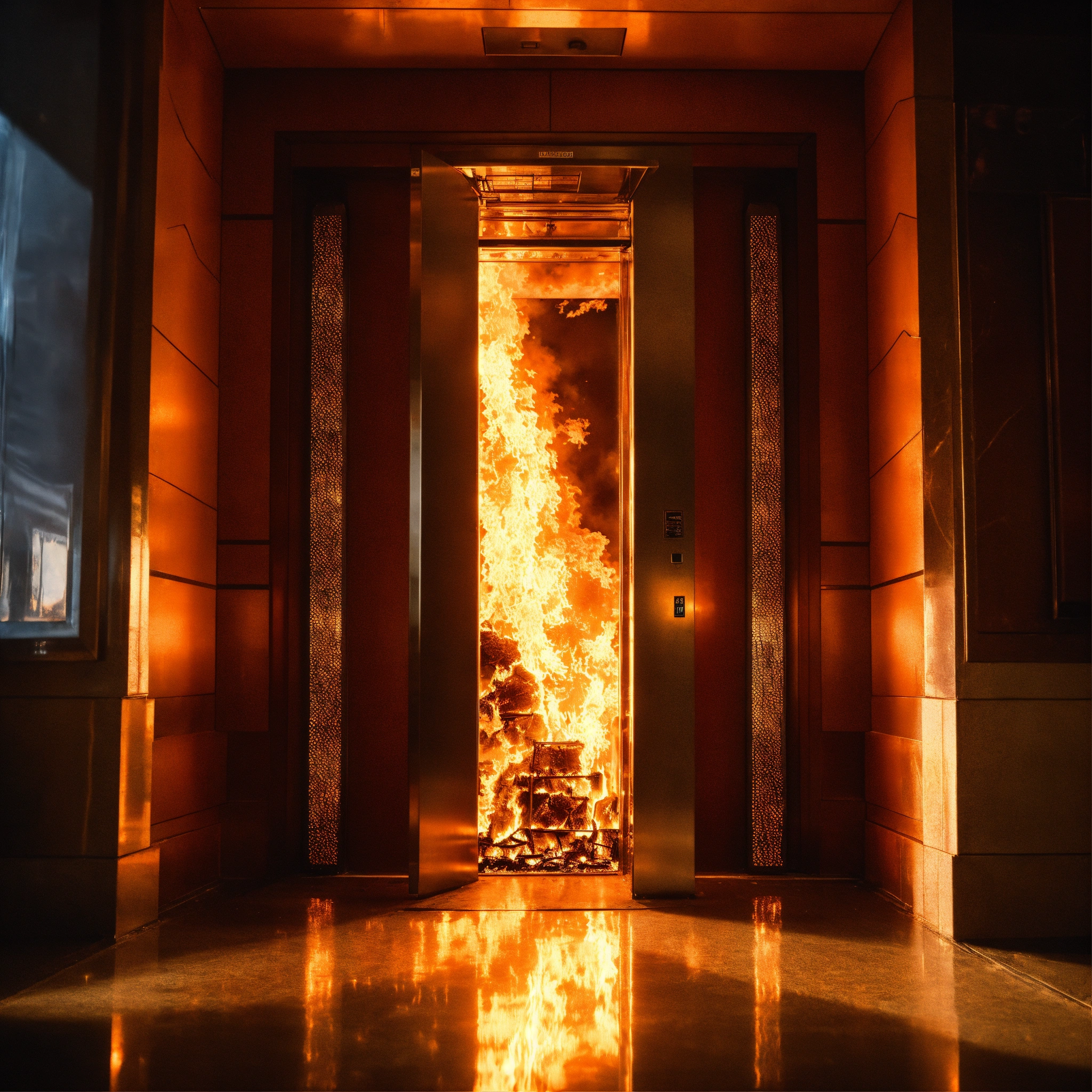 Lexica - Imagine an elevator on fire, describe its appearance, the ...
