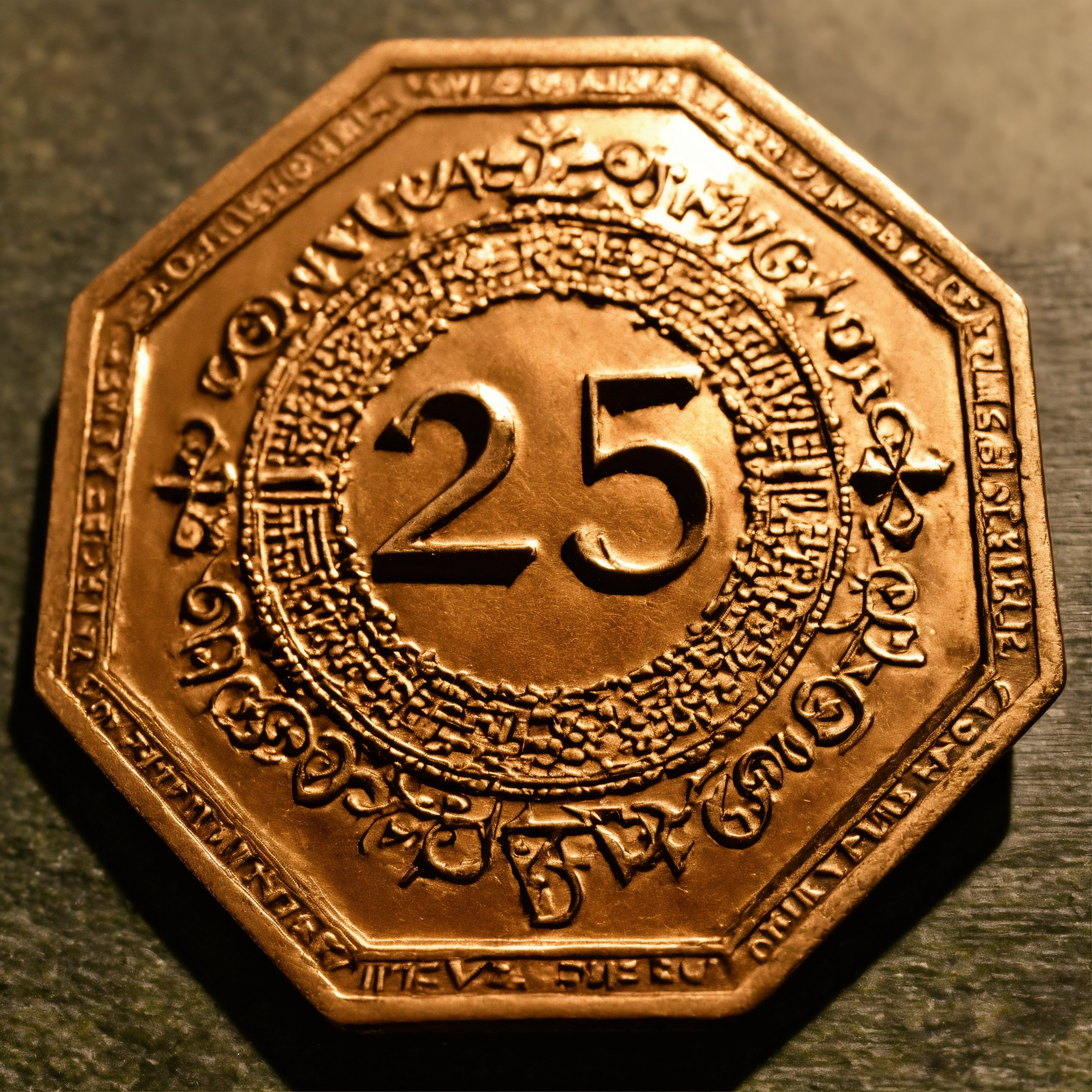 Lexica - A bronze octagonal bronze-coloured coin with the number 25 ...