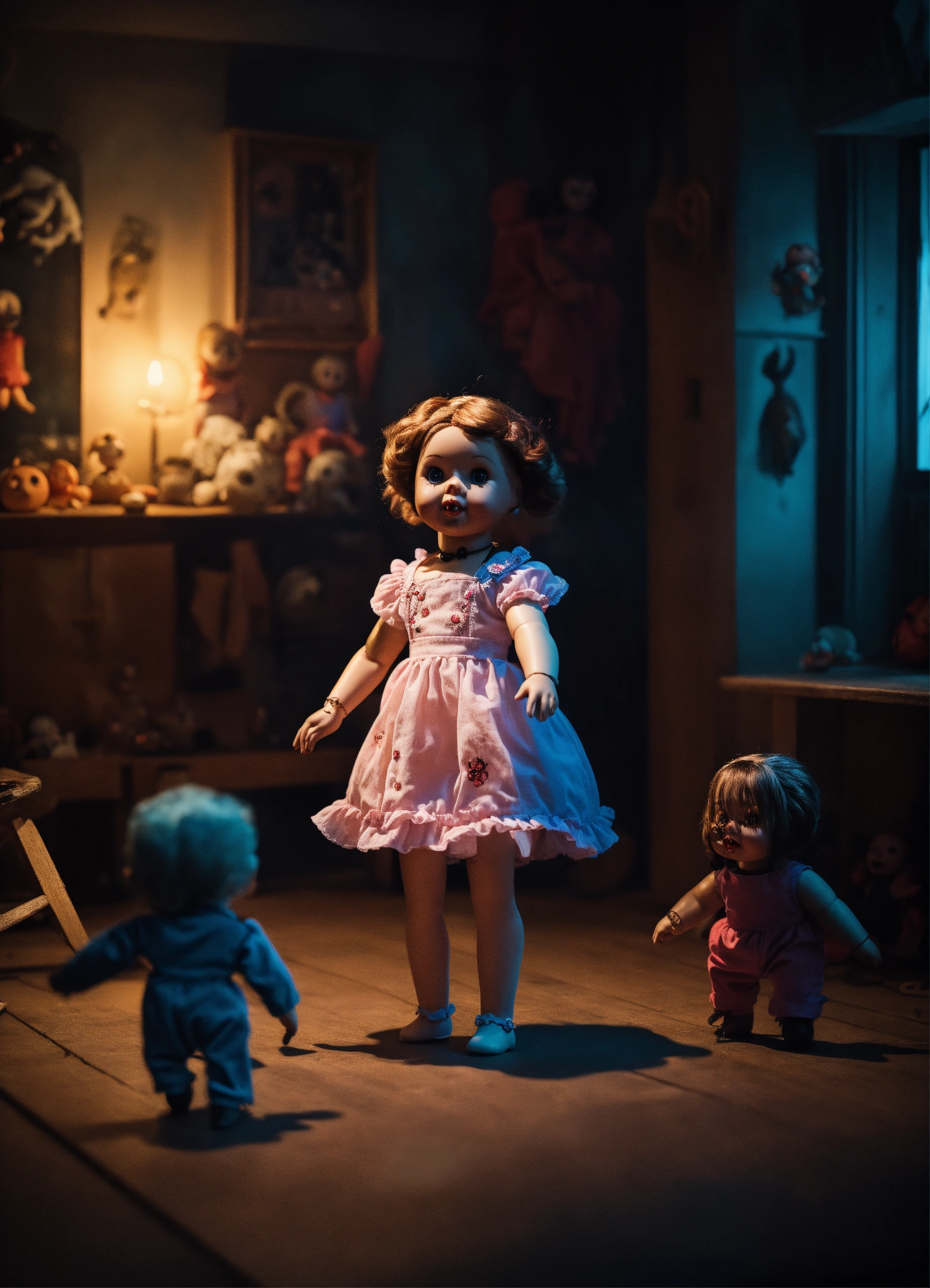 Lexica - Scary creepy dolls dancing around a little girl in a big dark ...