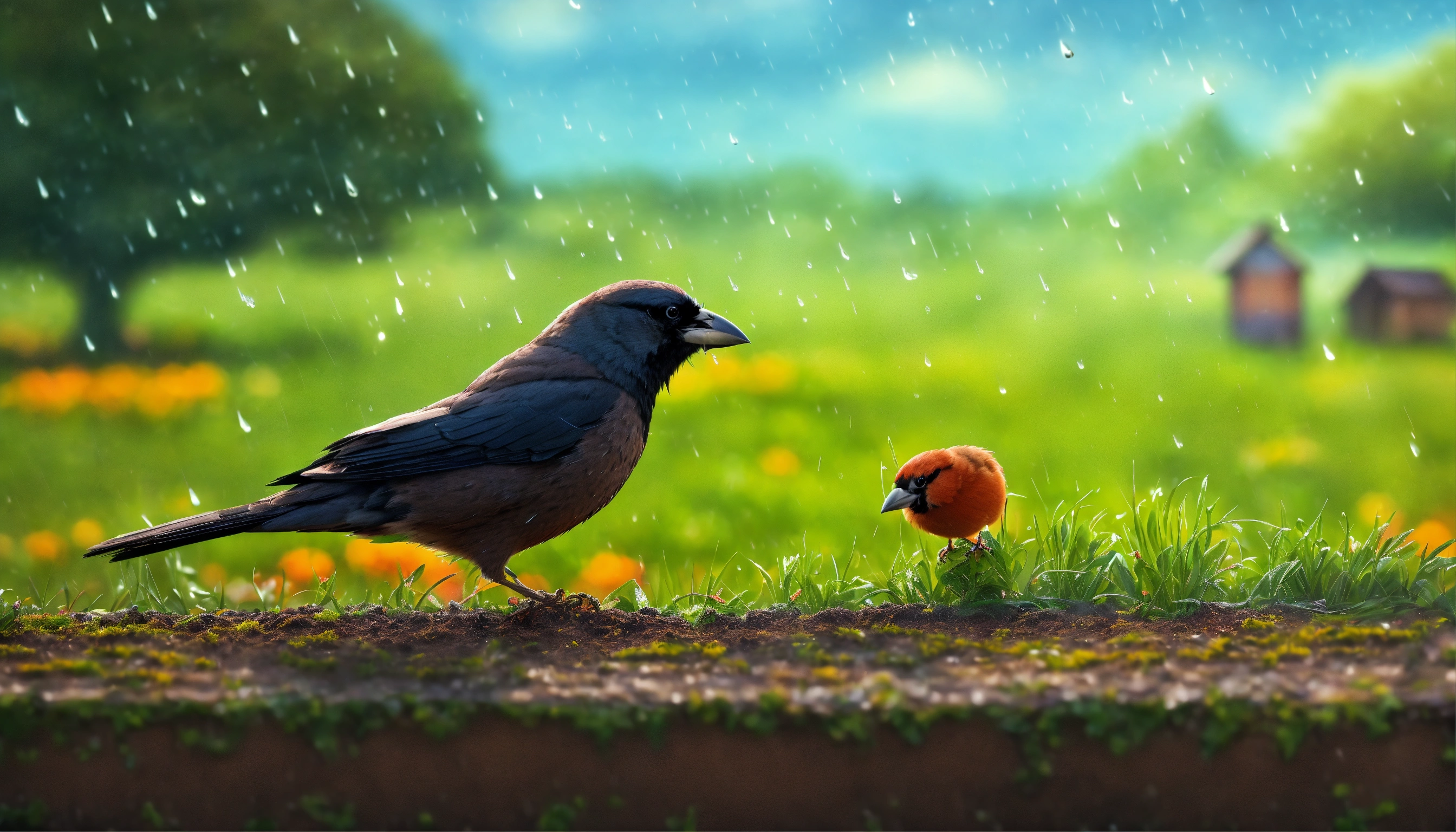 Lexica - "Depict a rainy day when the sparrow encourages the crow to ...