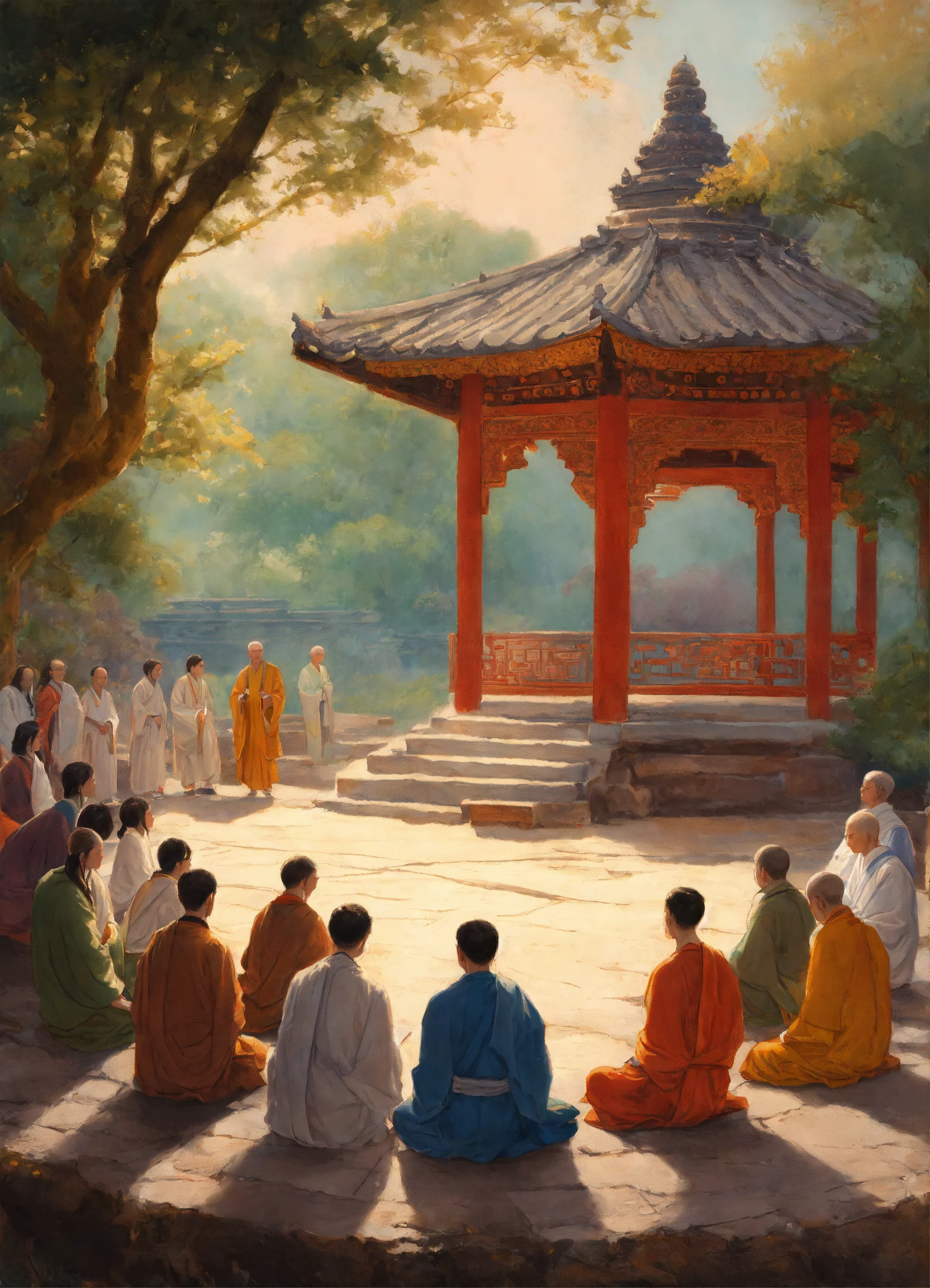 Lexica - A group of disciples, sitting in a circle, outside a temple ...