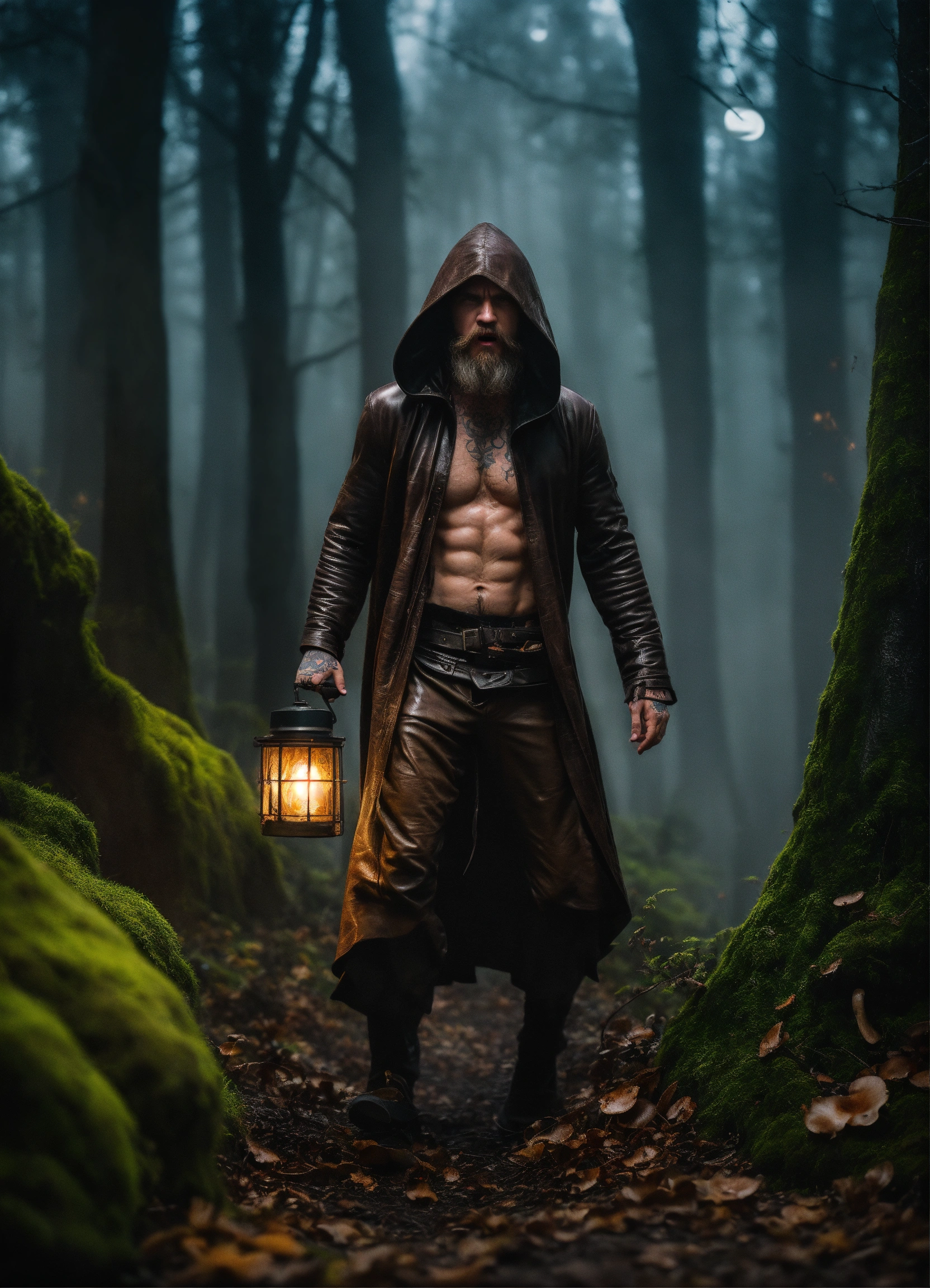 Lexica - In the style of an action movie poster, a thin shirtless hairy ...