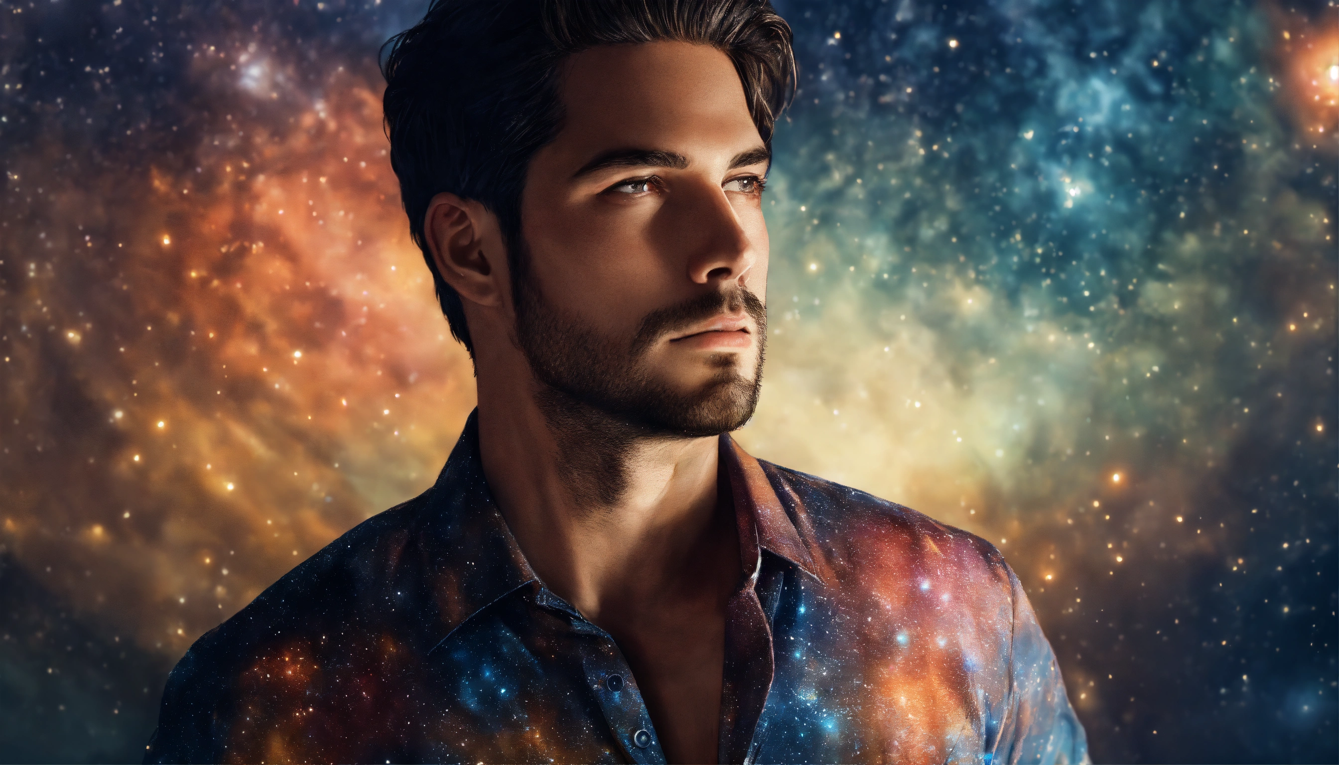 Lexica - Handsome man, looking up, shirt unbuttoned, negative patterns ...