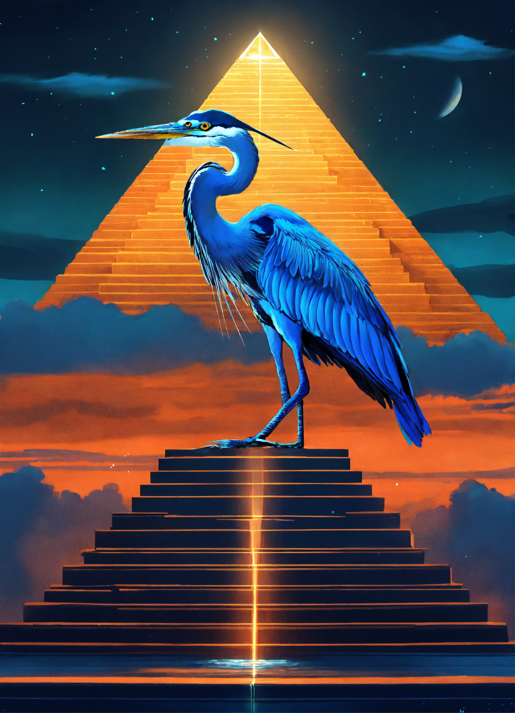 Lexica - A glowing blue Heron on top of a pyramid, glowing a blue energy
