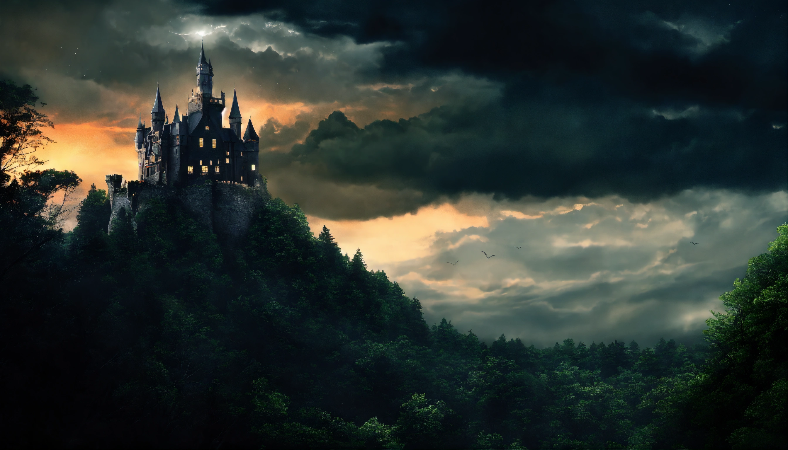 Lexica - A black castle in a dark forest, by night, dark stormy clouds ...