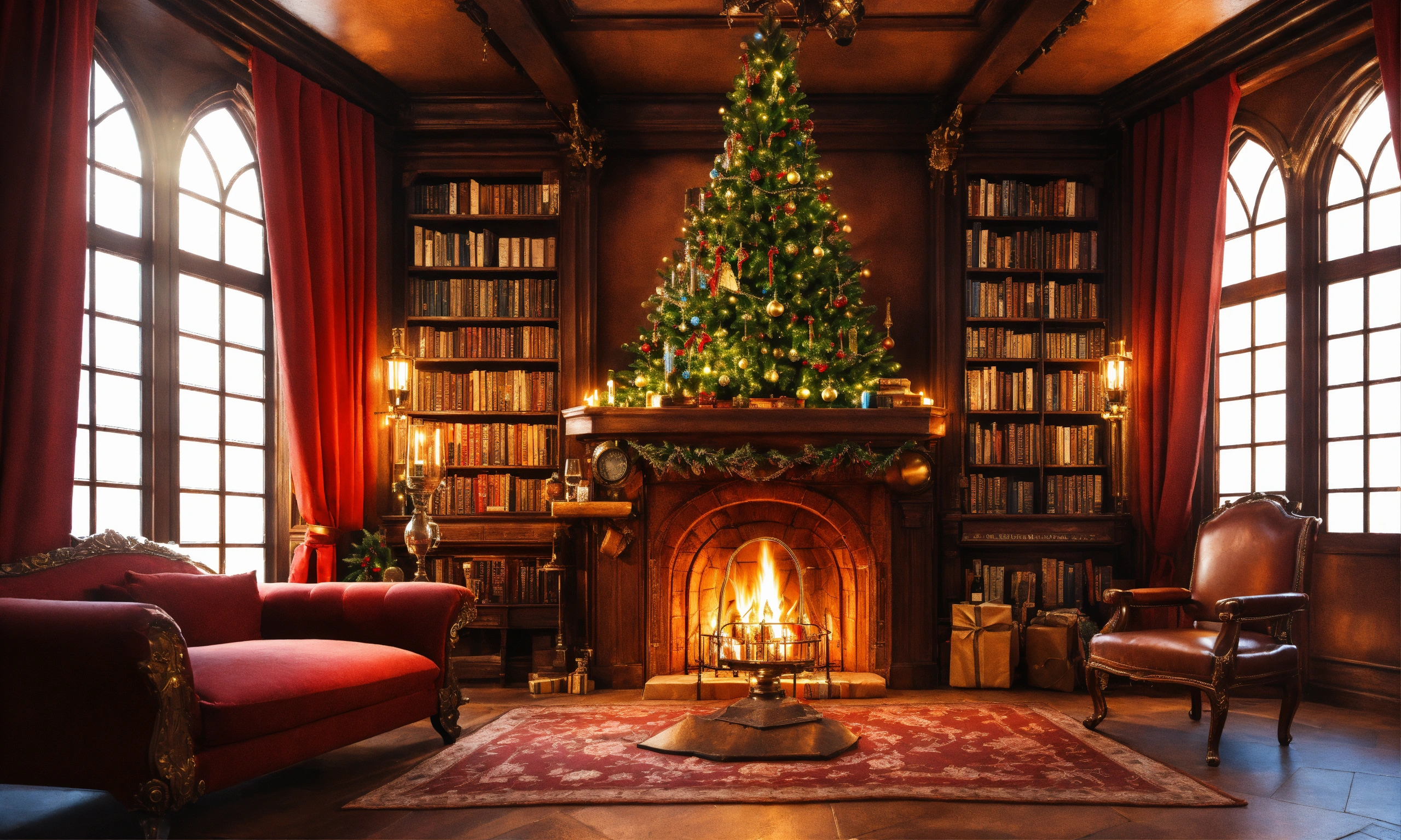 Lexica - Steampunk library with a giant fireplace with a wine glass at ...