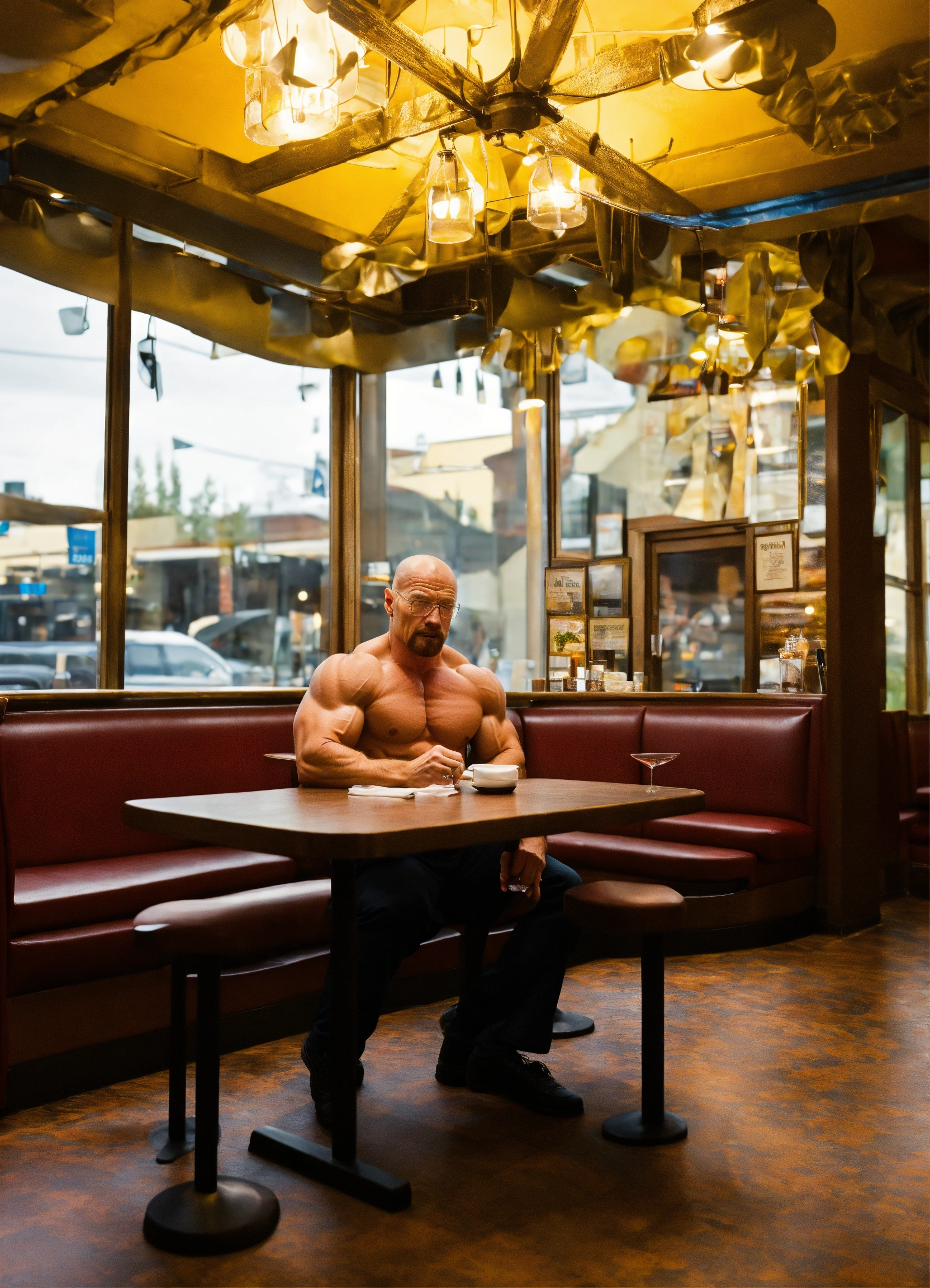 Lexica - Bodybuilder Walter White sat in a restaurant. Far view