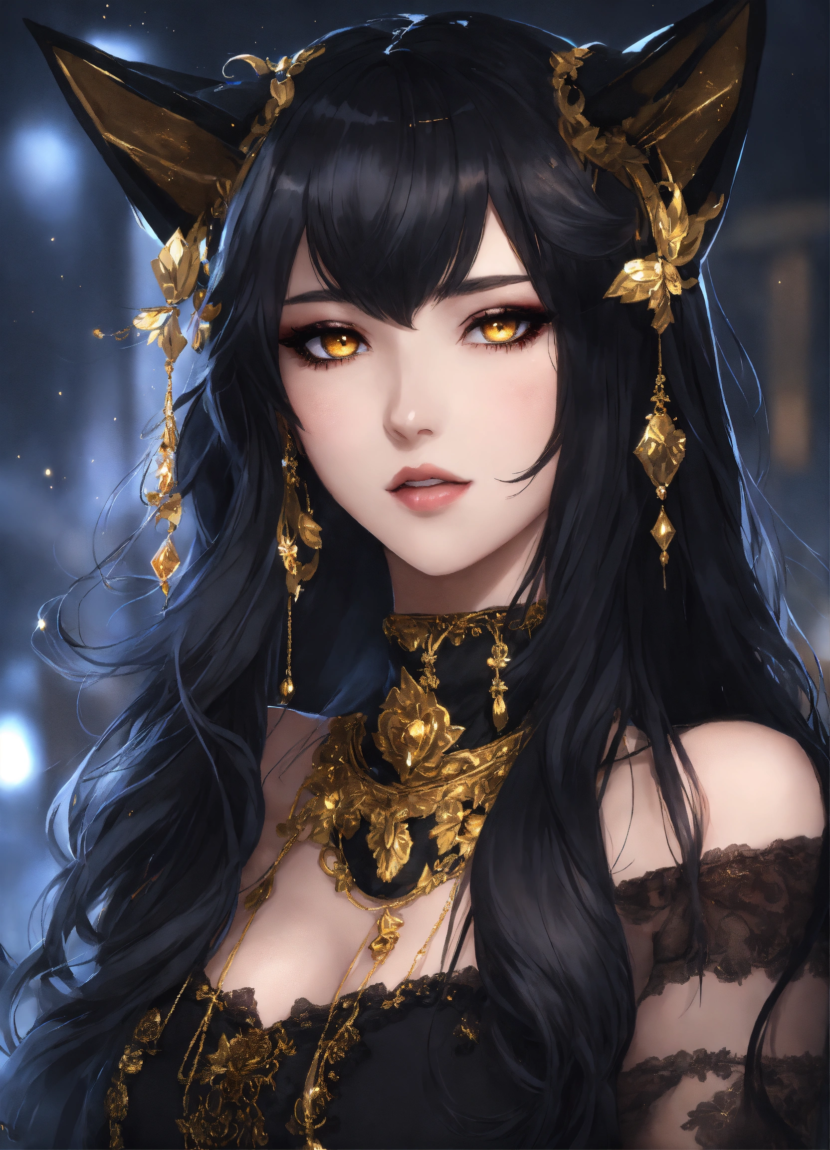 Lexica - Beautiful woman with black only cat ears, long black hair ...