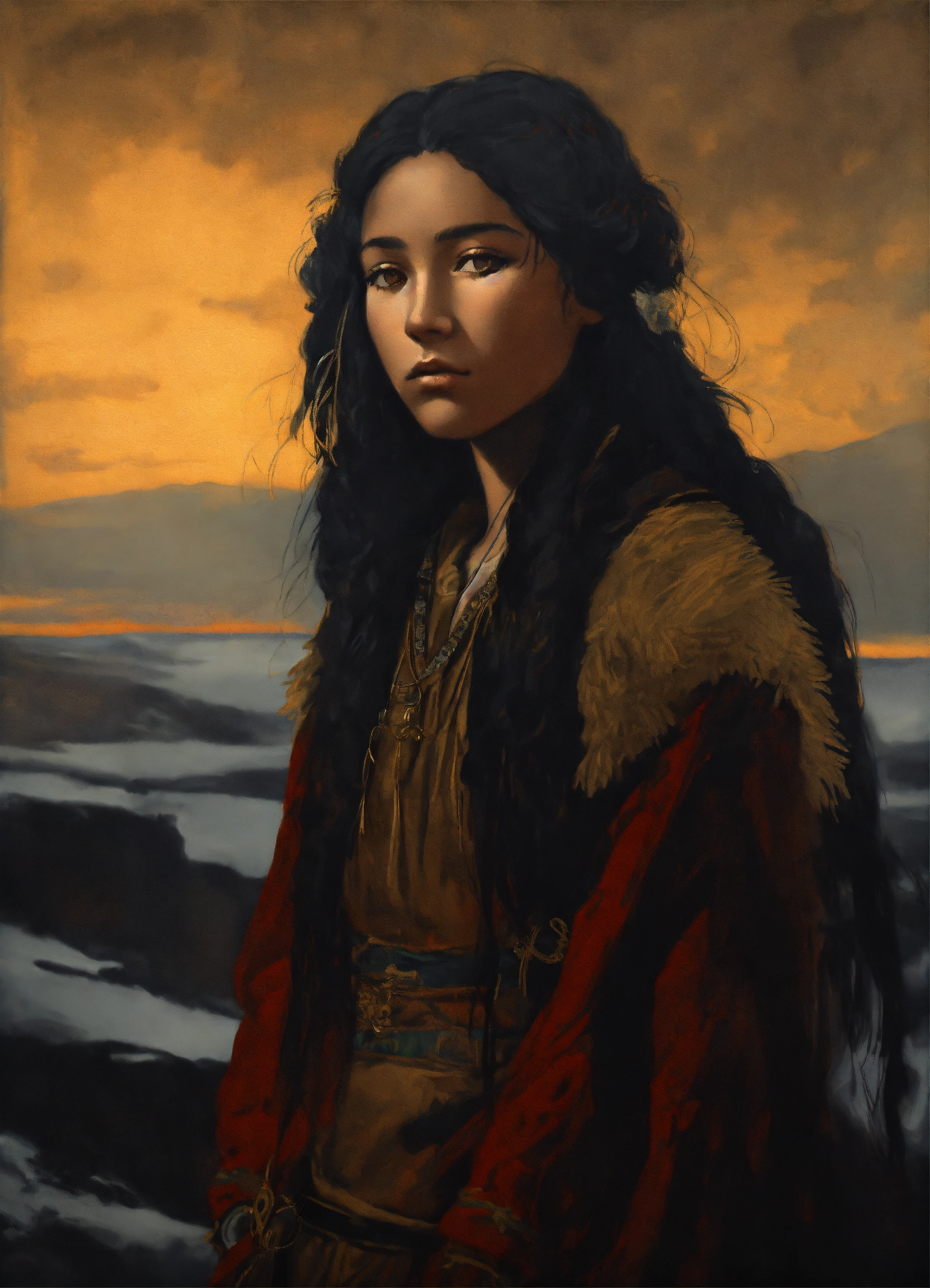 Lexica - Painting of a young chukchi woman, black hair, 18 years old ...