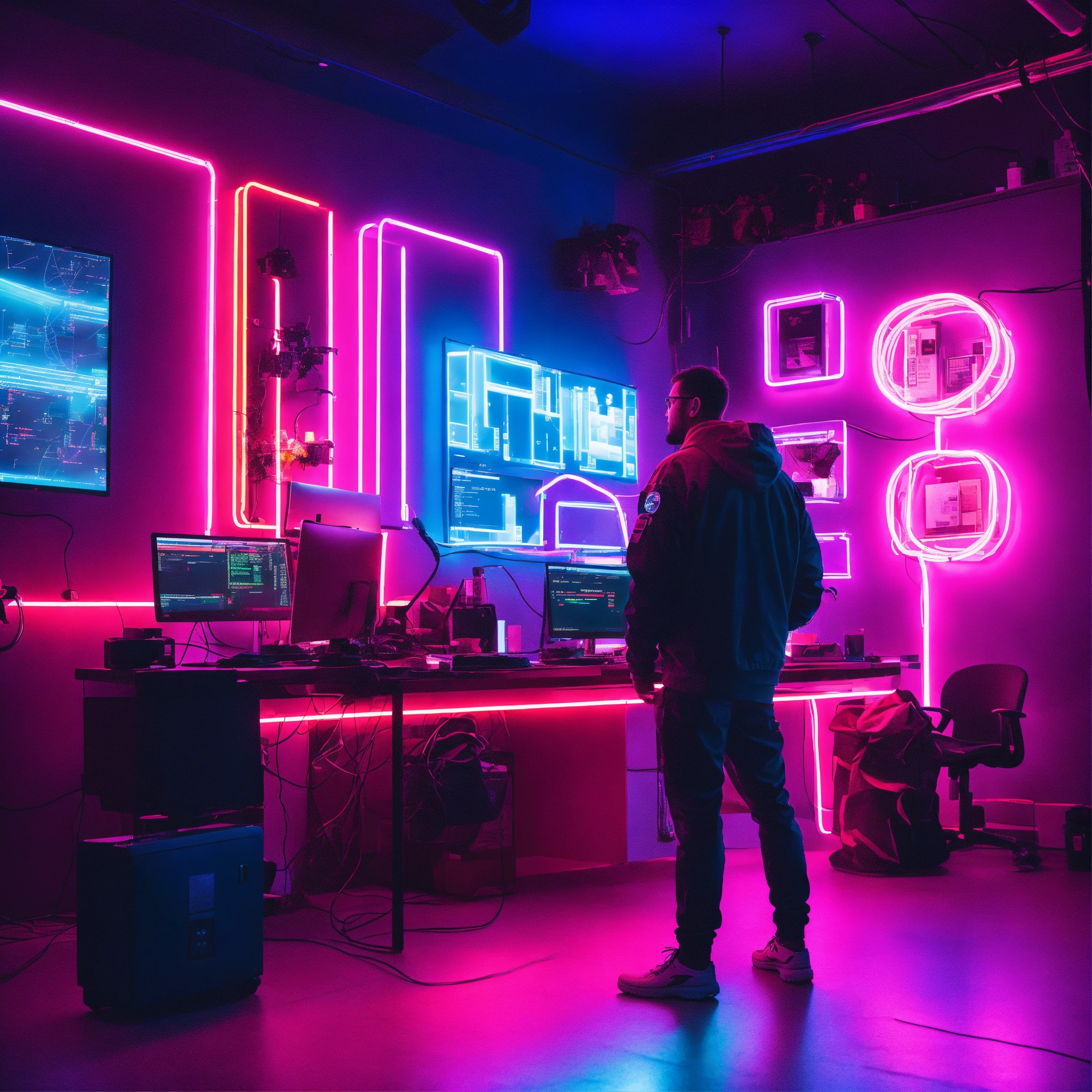 Lexica - A big team web developer in an environment with neon lights