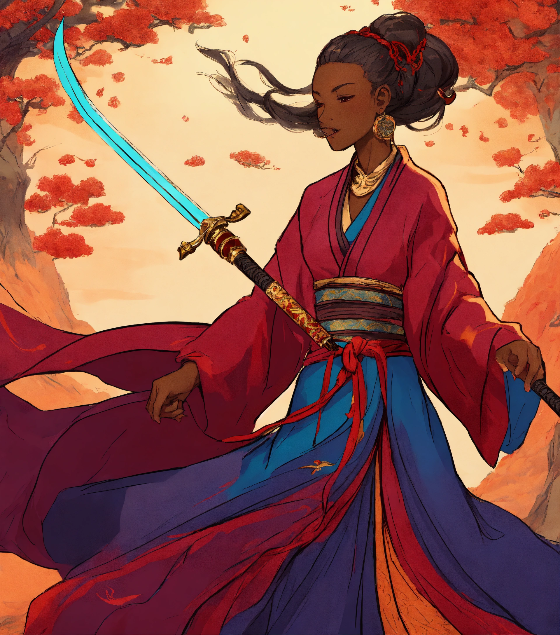 Lexica - An African woman cultivator in jewel tone flowing robes flying ...