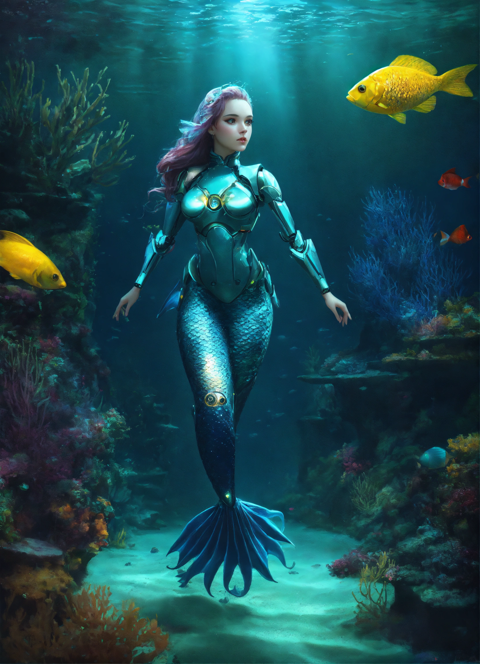 Lexica - A robot mermaid, in the bottom of the sea, dark light , whit a ...