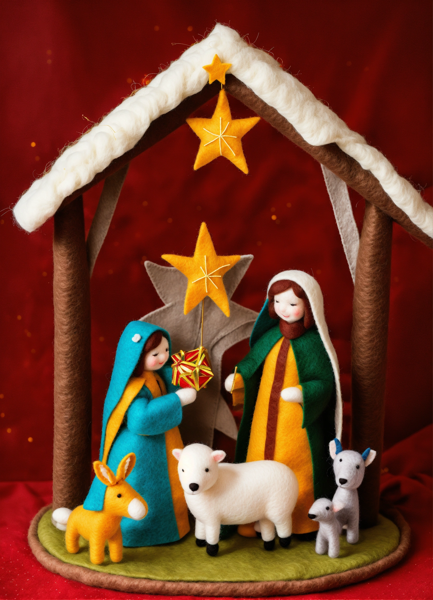 Lexica - Felt Art Installation Nativity scene beneath a radiant ...