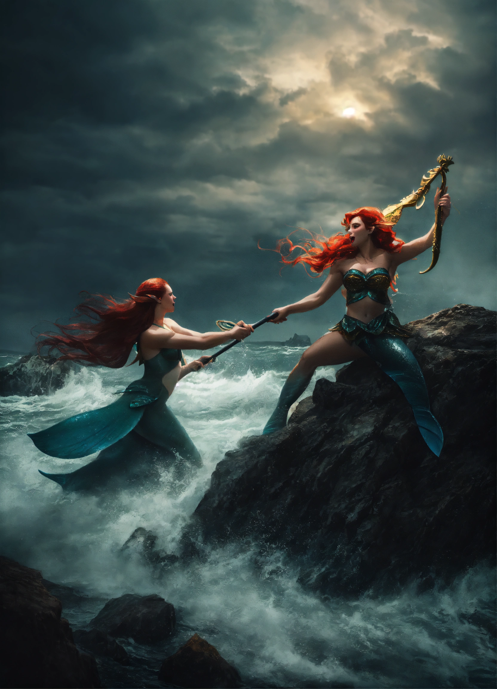 Lexica - Create a 4k detailed photo of two evil (mermaids) fighting a ...
