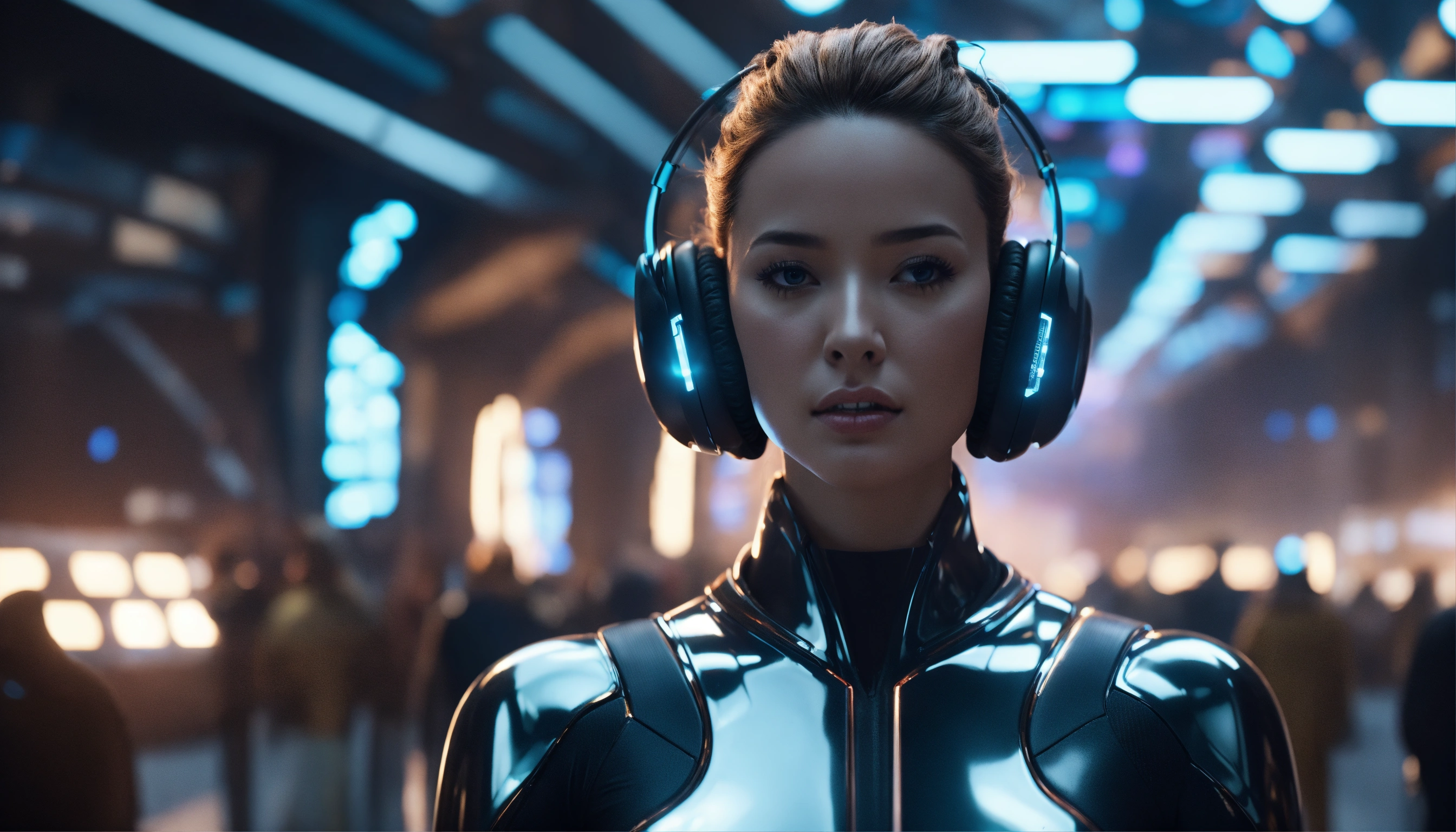 Lexica - Wide shot of a female super spy wearing a tight futuristic spy ...