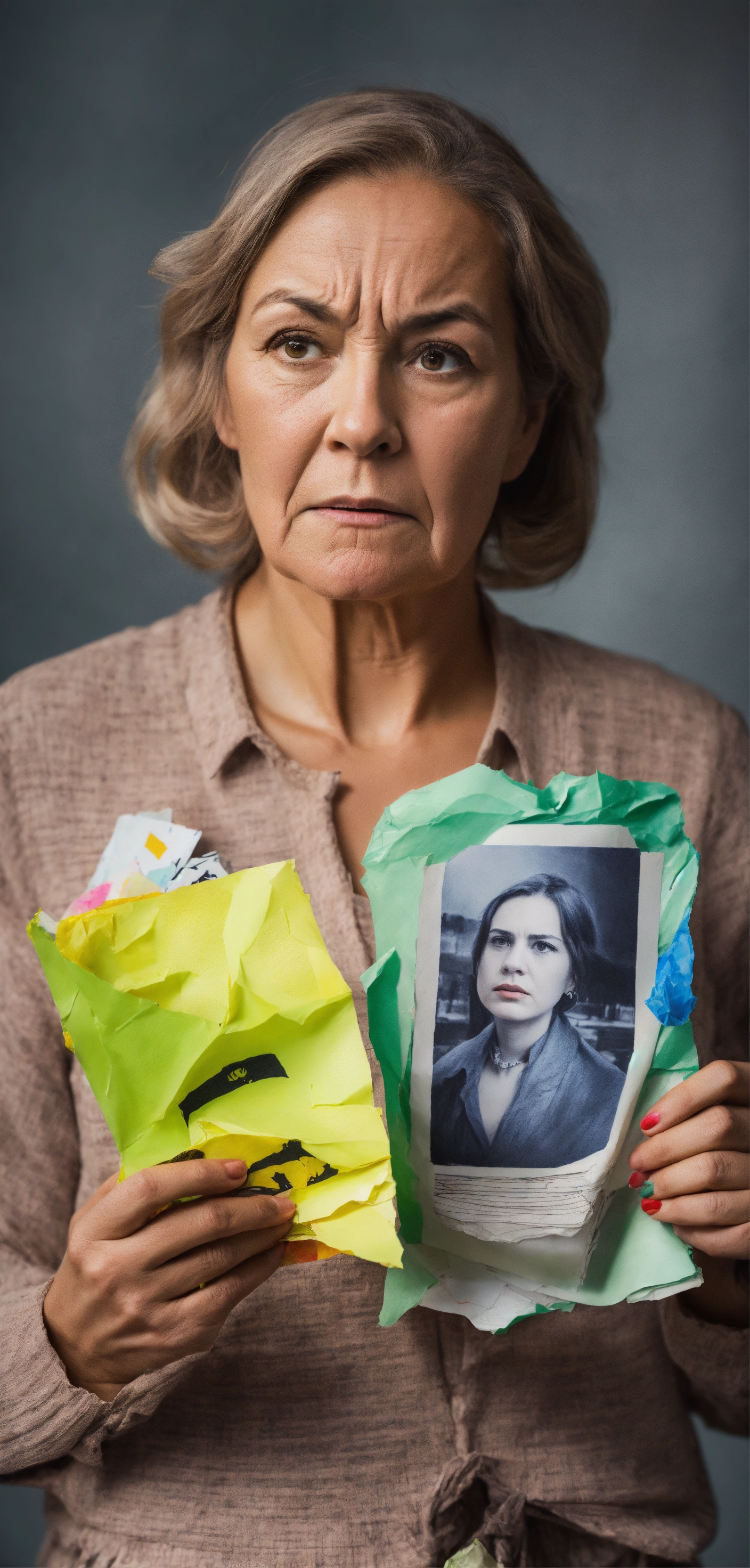 Lexica - Angry aunt holding crumpled torn colored paper with photos and ...
