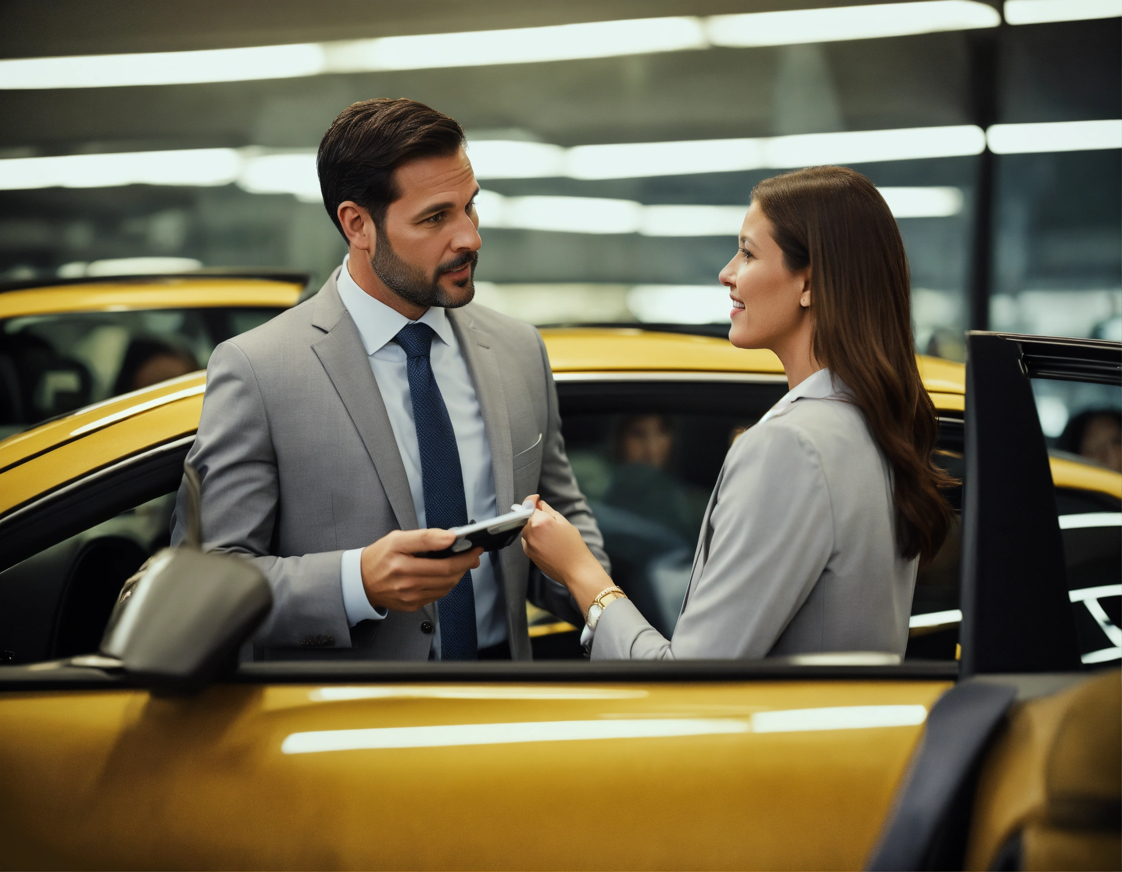 Lexica - Photograph of a salesman and a saleswoman discussing exciting ...