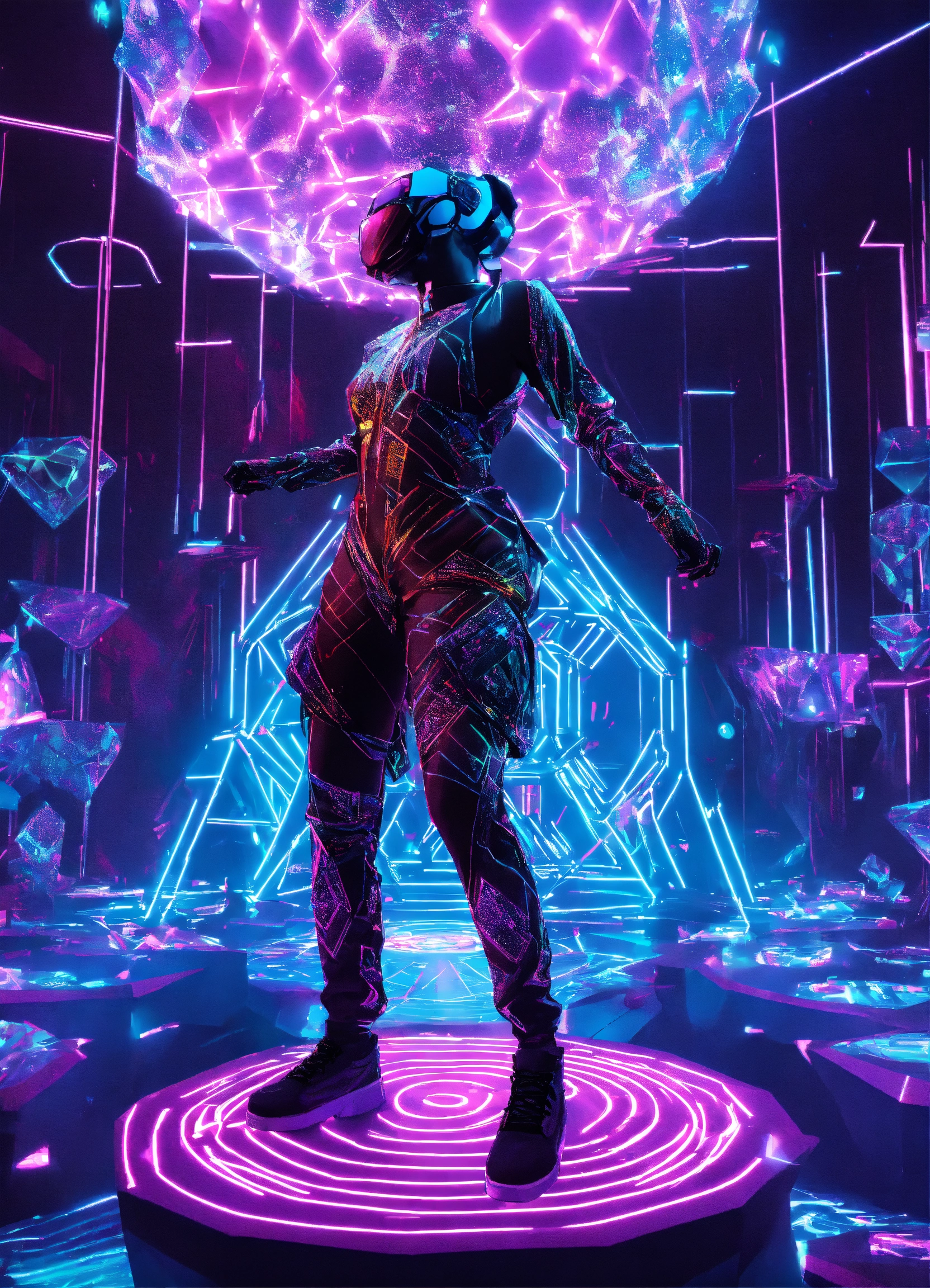 Lexica - Cyber Raver dancing in diamond and shimmer black neon light ...