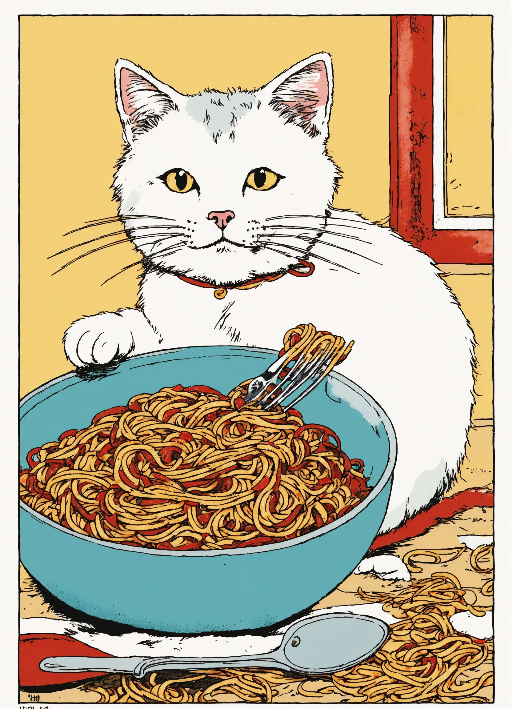 Lexica - A cute white with brown spots cat eating messy spaghetti with ...