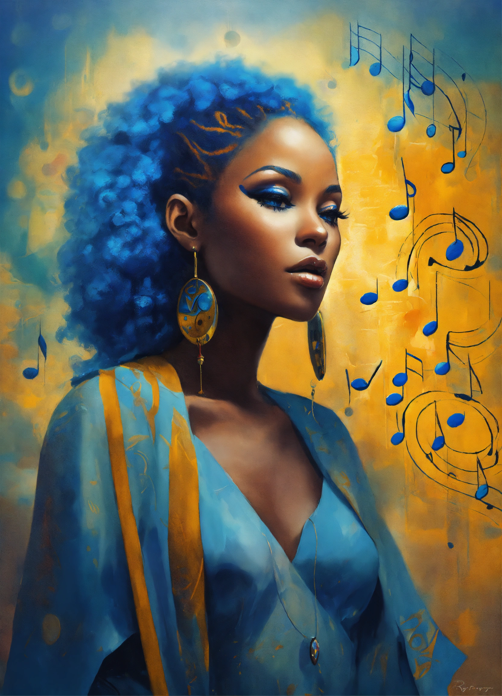 Lexica - A beautiful woman with blue hair and music notes, an airbrush ...
