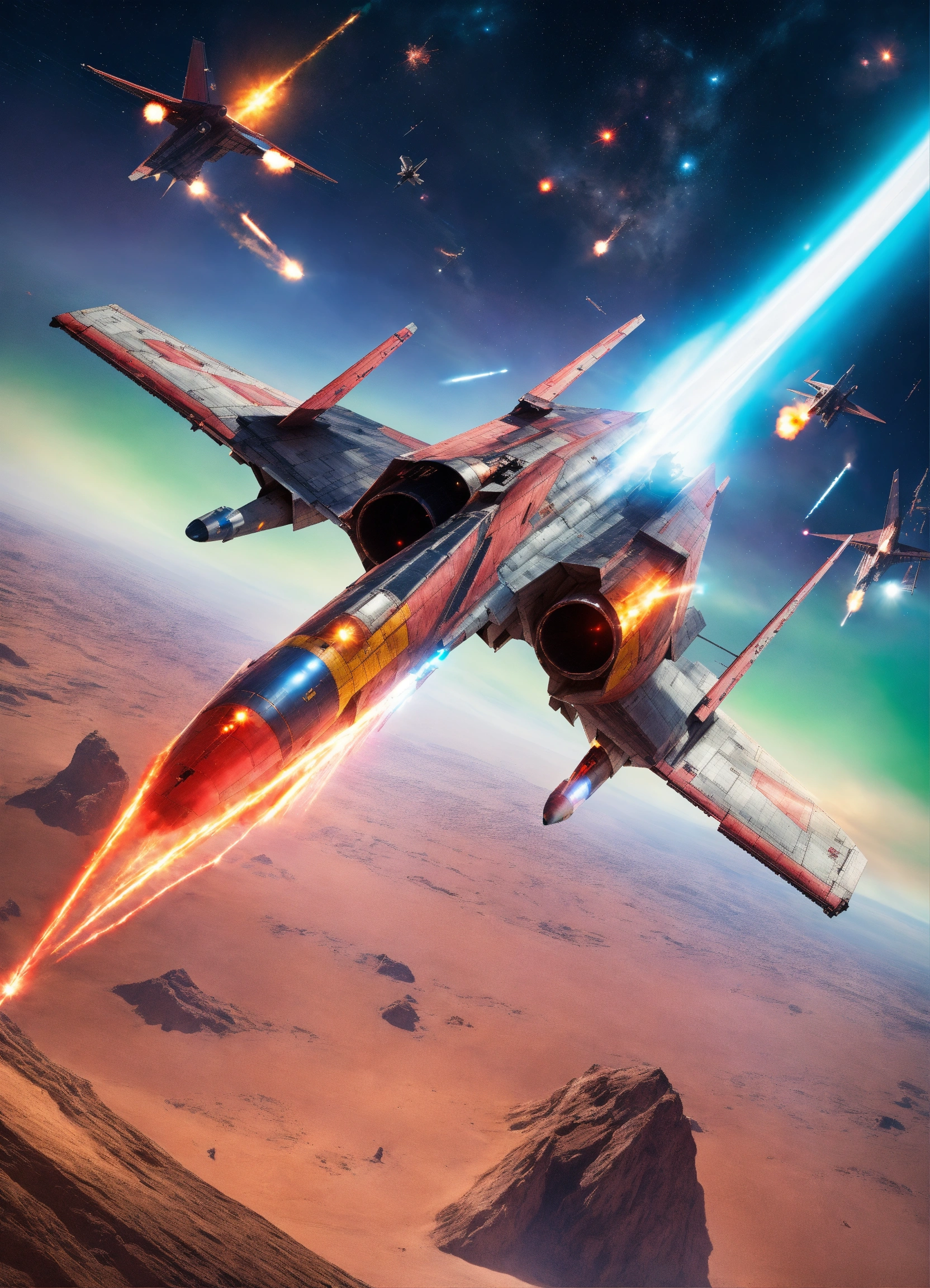 Lexica - Space fighter plane firing lasers at other planes on alien planet,