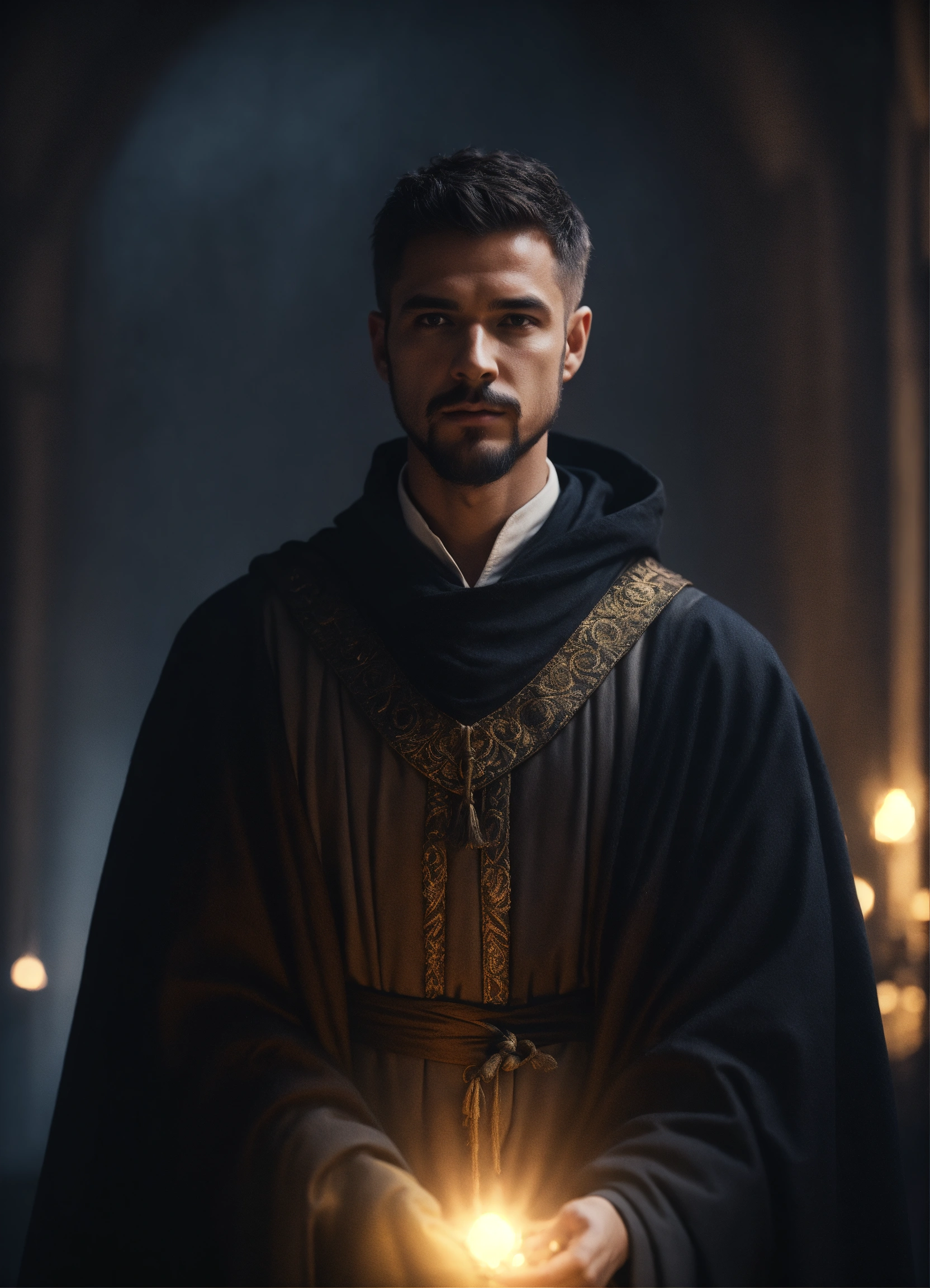 Lexica - Dark short hair, french goatee, wizard robes white light ...