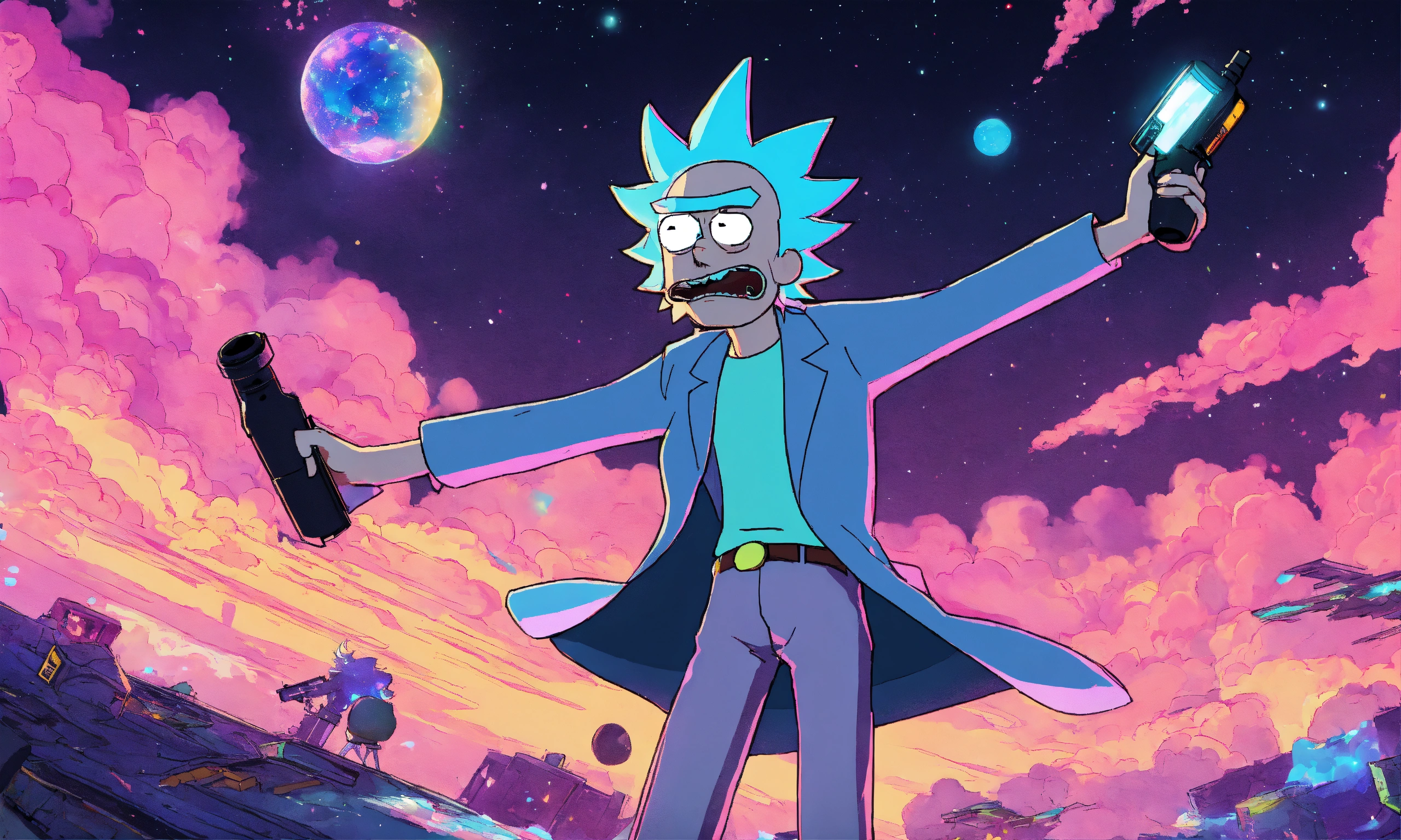 Lexica - Cyberpunk Rick Sanchez from Rick & Morty floating in the night ...