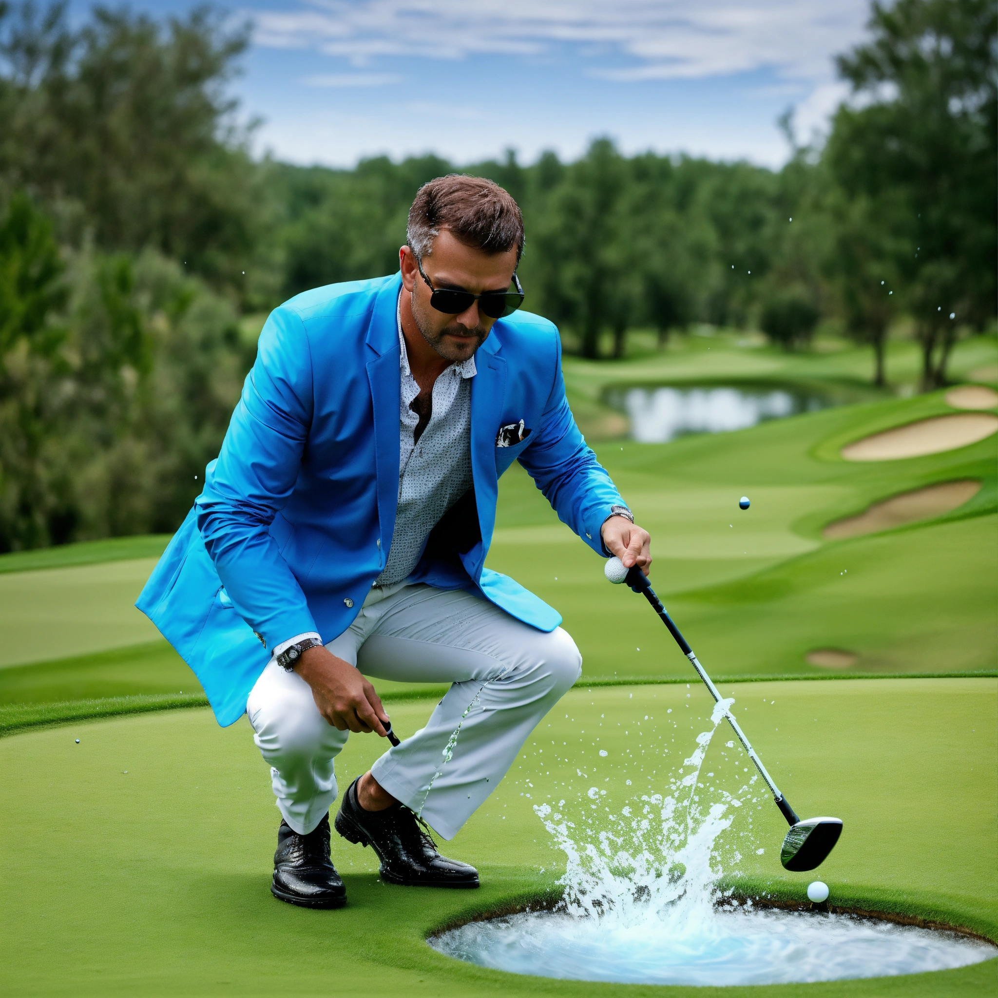 Lexica - 4k hd ultra realistic man blue blazer, sunglasses. Swinging ...