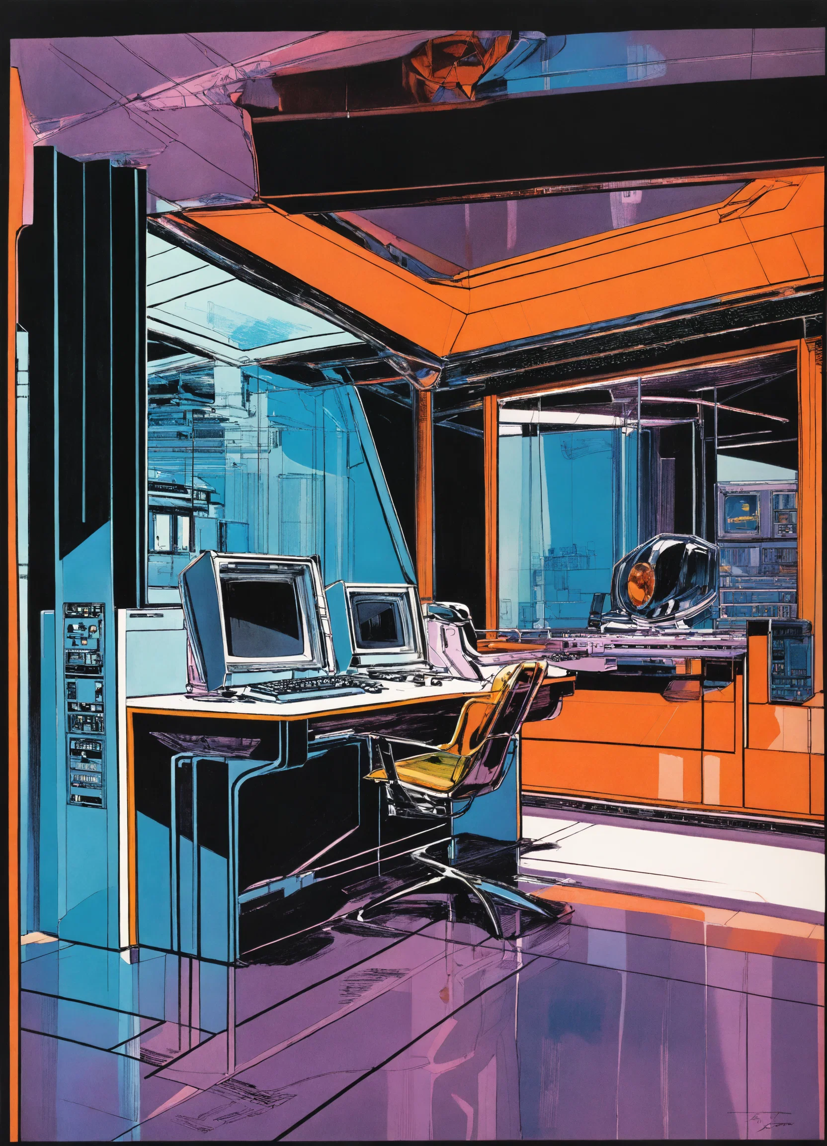 Lexica - A computer room designed by Syd Mead, pen illustration, colored