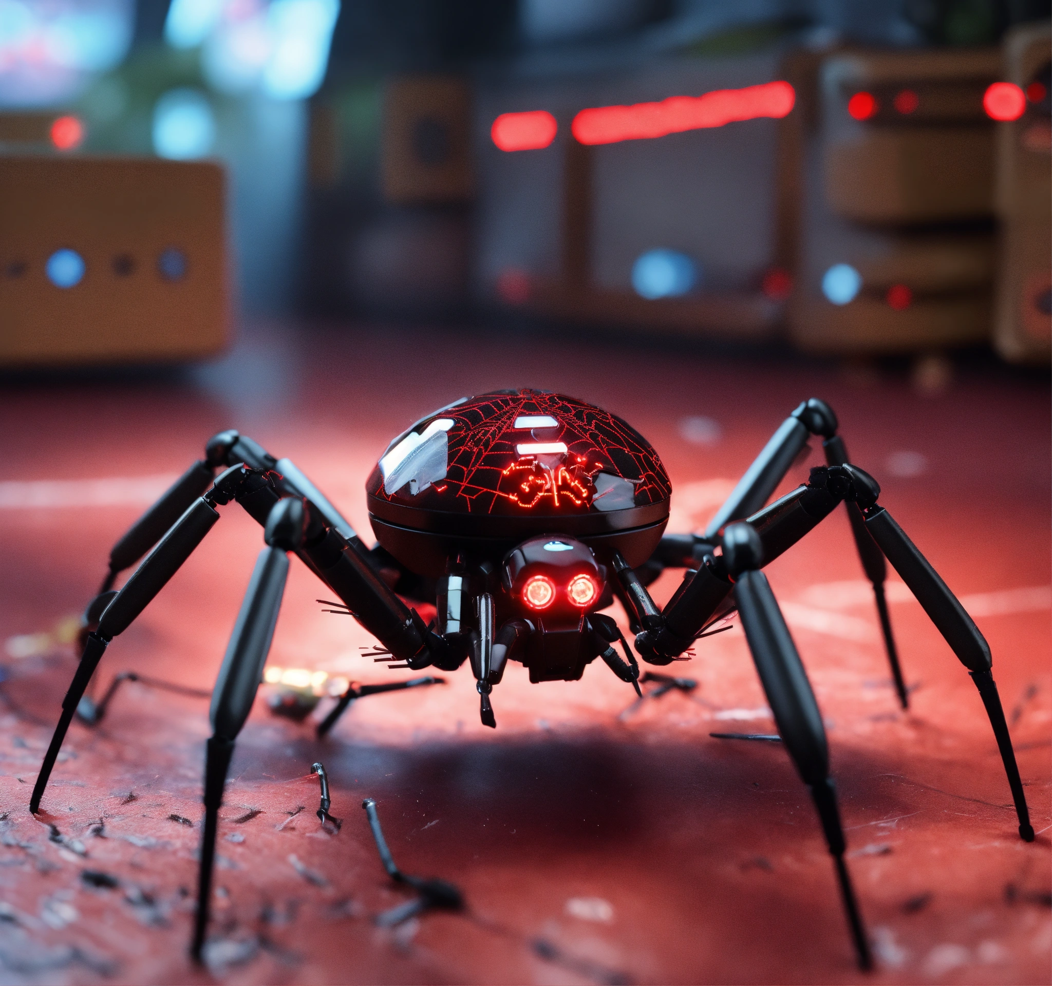 Lexica - Zoom out on a group of 5 small black spider bots with sharp ...