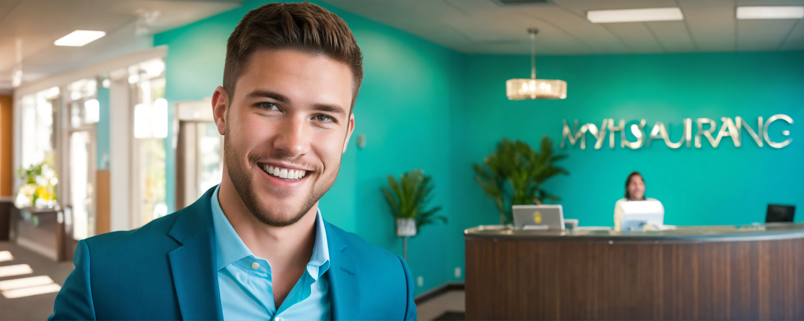 Lexica - A happy young caucasian male employee in suit, welcoming a ...