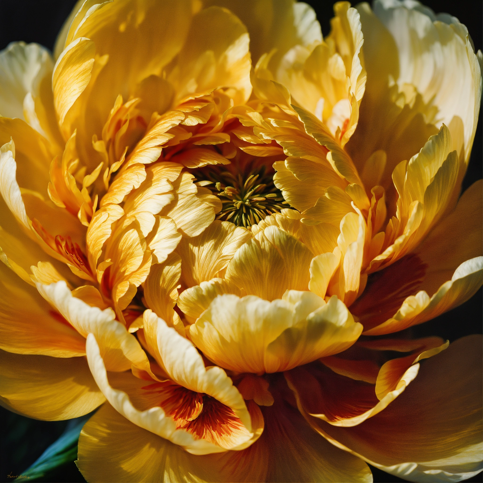 Lexica - Super realistic, hyper detailed, gold peony bud in the center ...