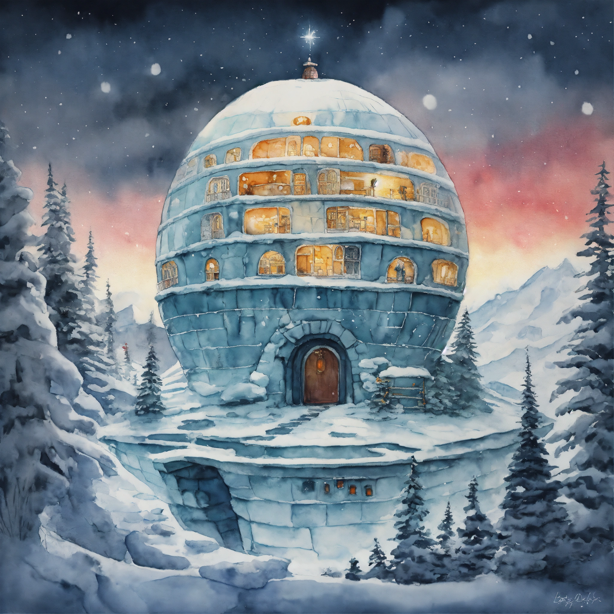 Lexica - A watercolor painting depicting an intricately detailed igloo ...