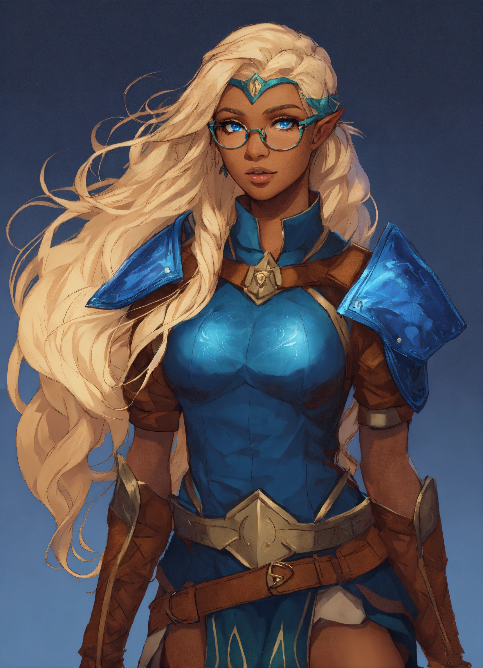 Lexica - A very brown skinned half elf woman, wearing glasses with deep azure blue eyes, long ...