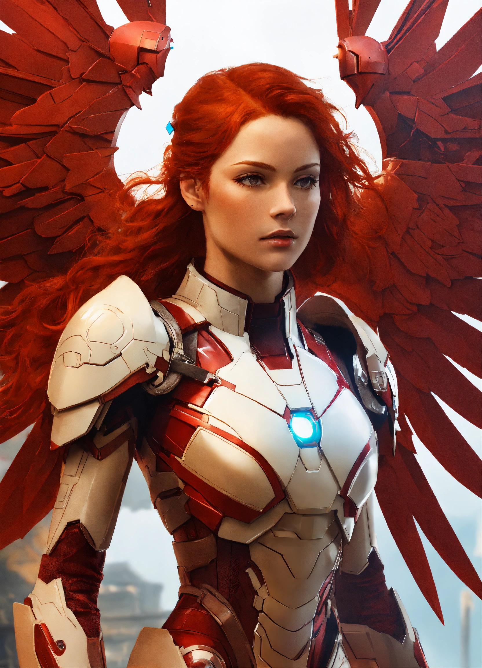 Lexica - Female athletic red hair wearing white Iron Man armor with red ...