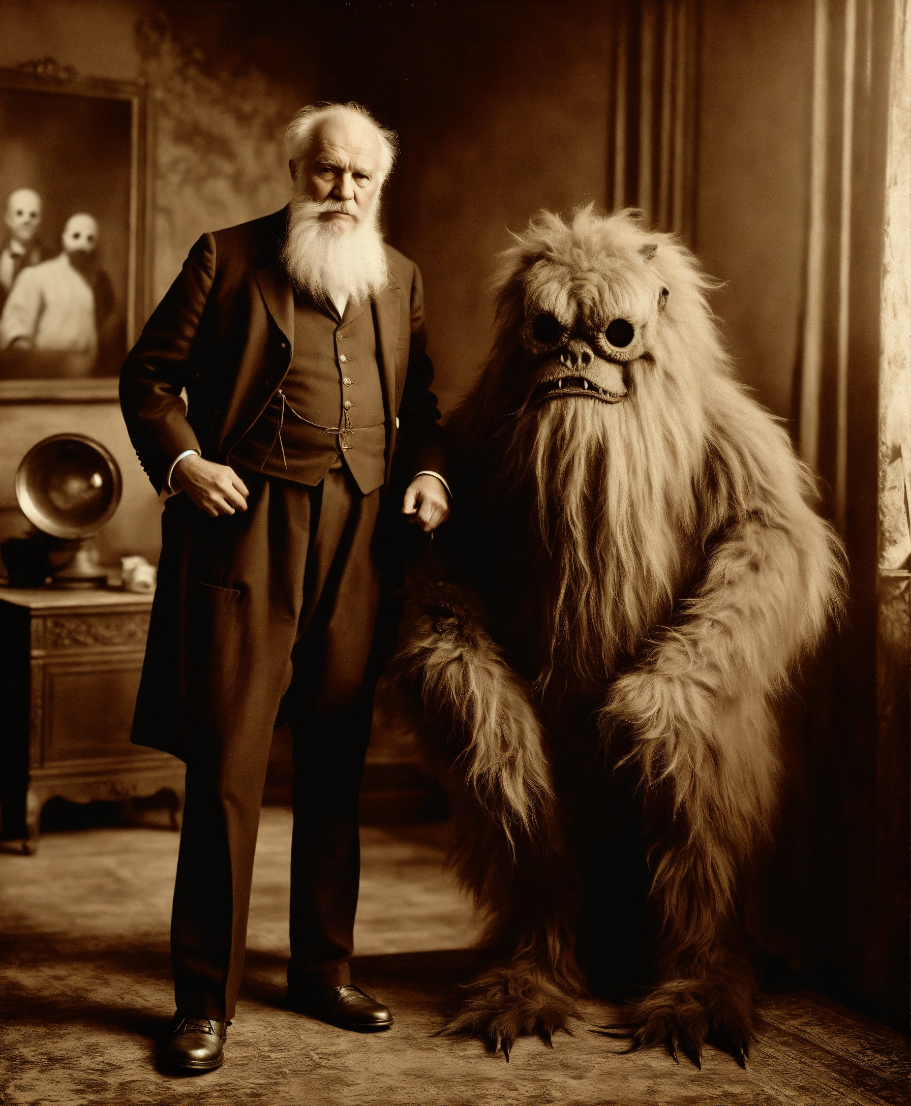 Lexica - Old man standing next to a giant hairy baby monster, in the ...