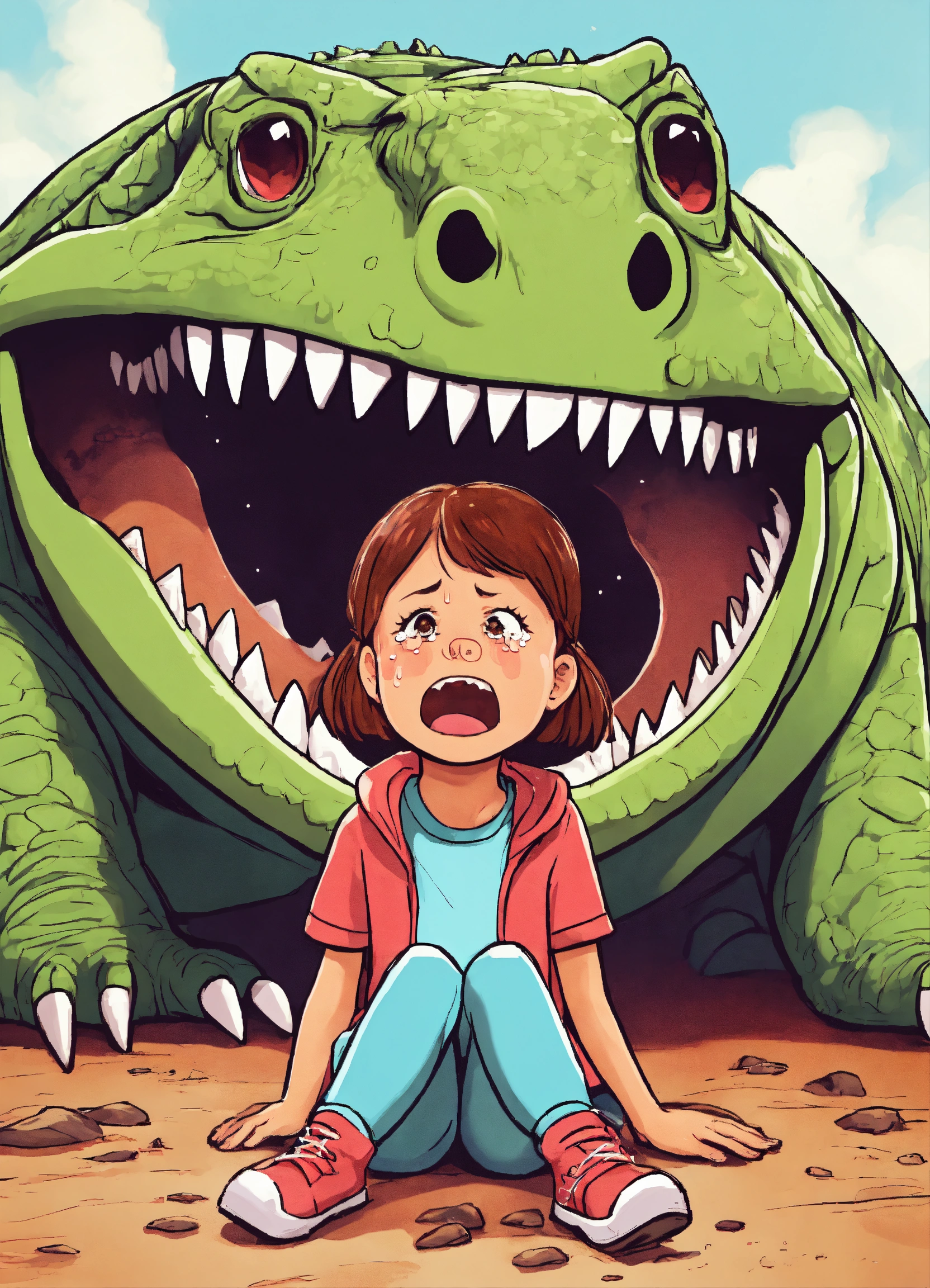 Lexica - Crying girl sitting entirely inside dinosaur's open huge jaws ...