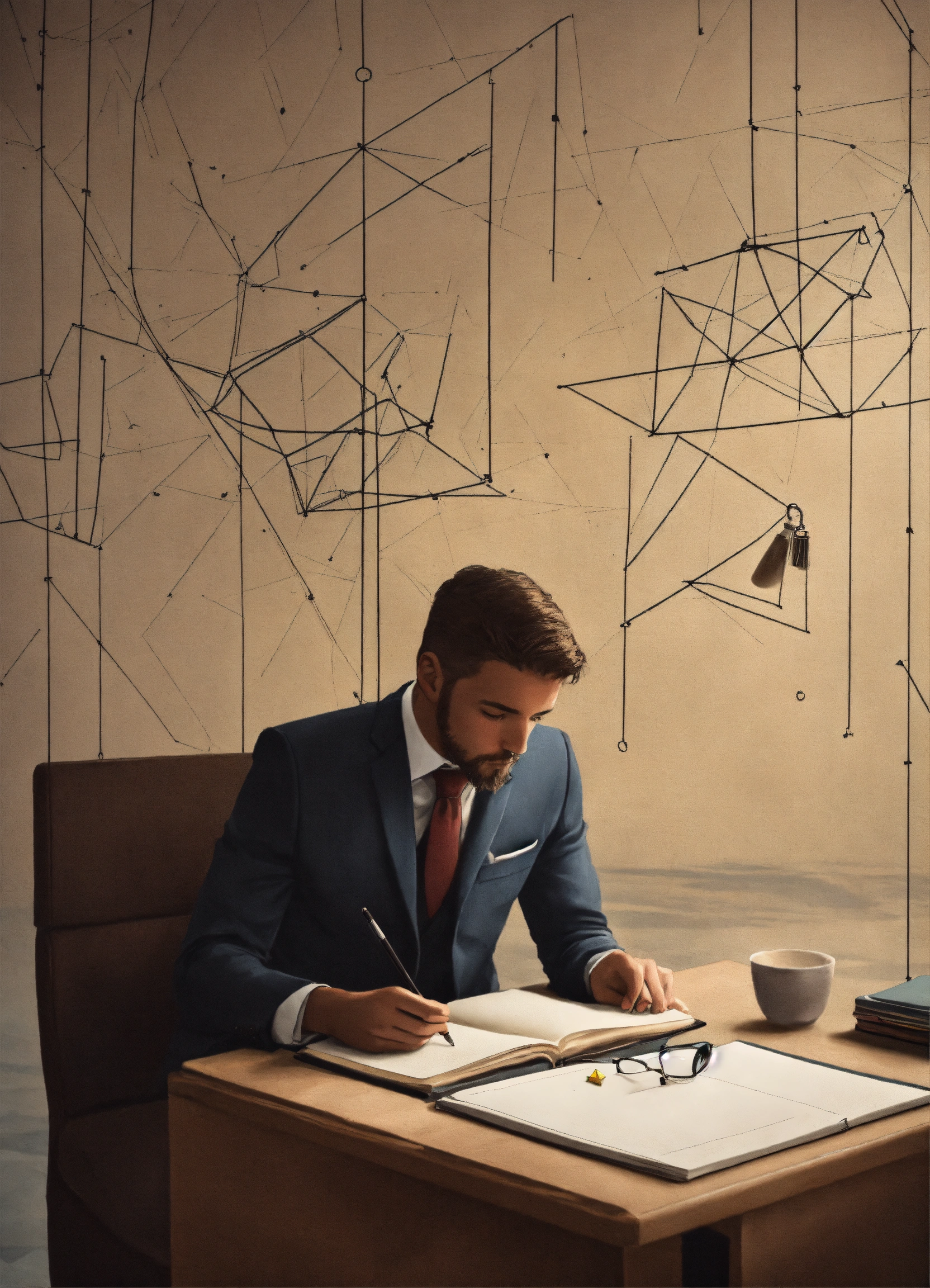 Lexica - Thoughts falling down into a man's head while he's sitting on a desk writing geometric ...