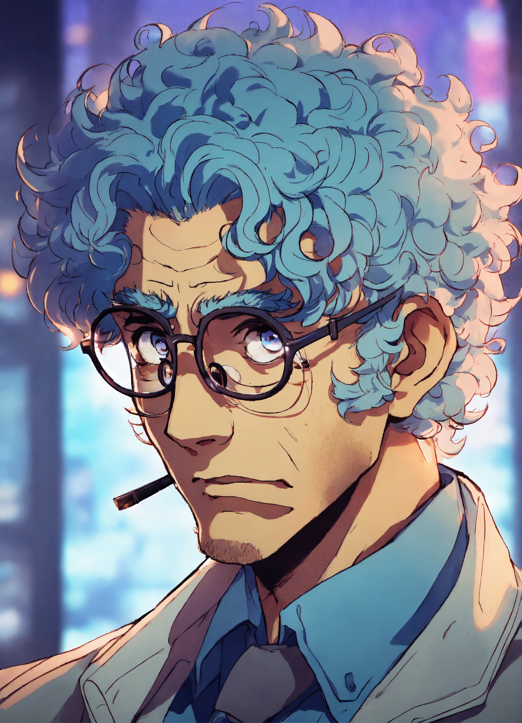Lexica - Anime style, a shrewd older male criminal scientist with curly ...