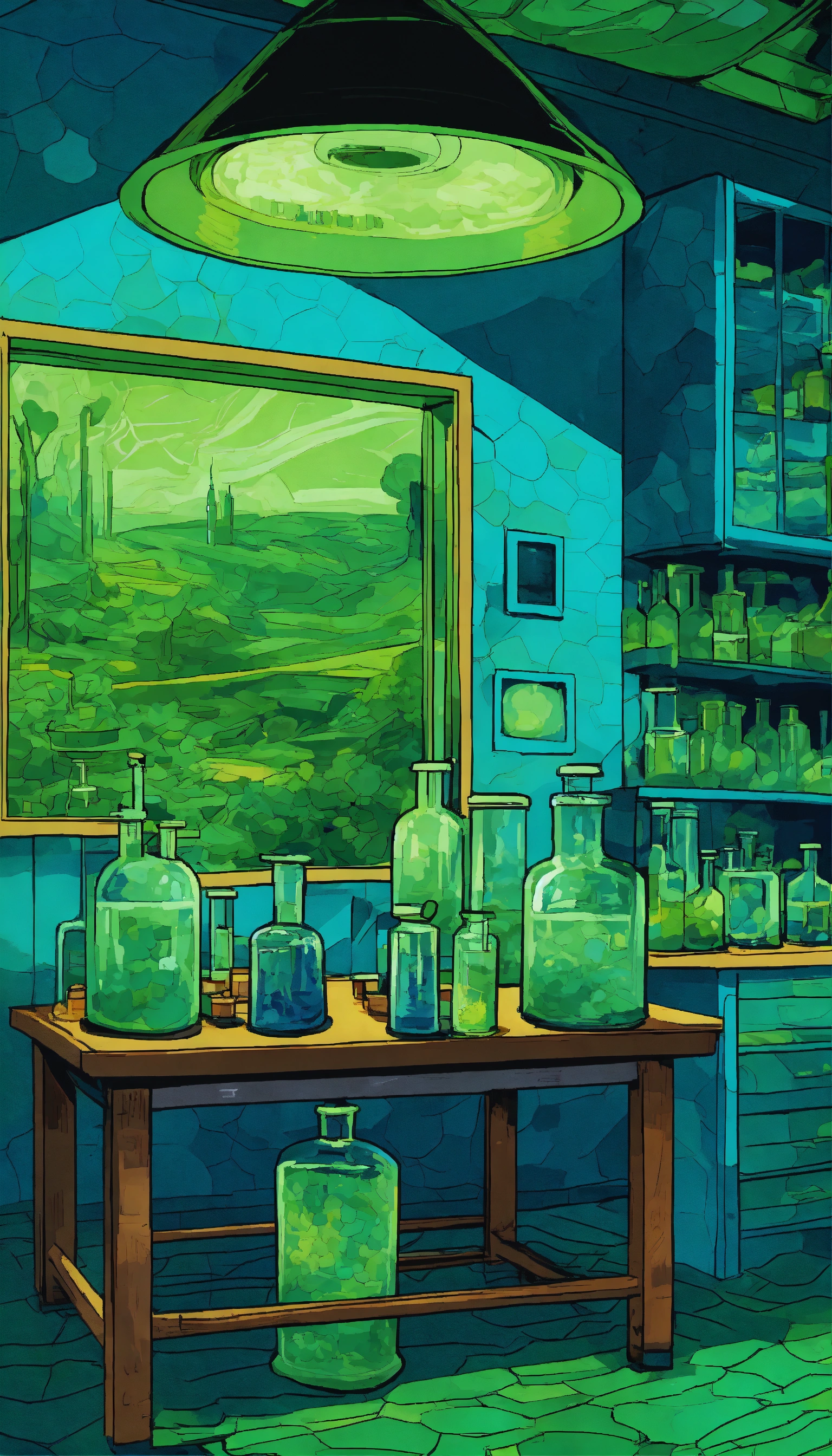 Lexica - Van gogh style illustration of a science lab, vibrant green ...