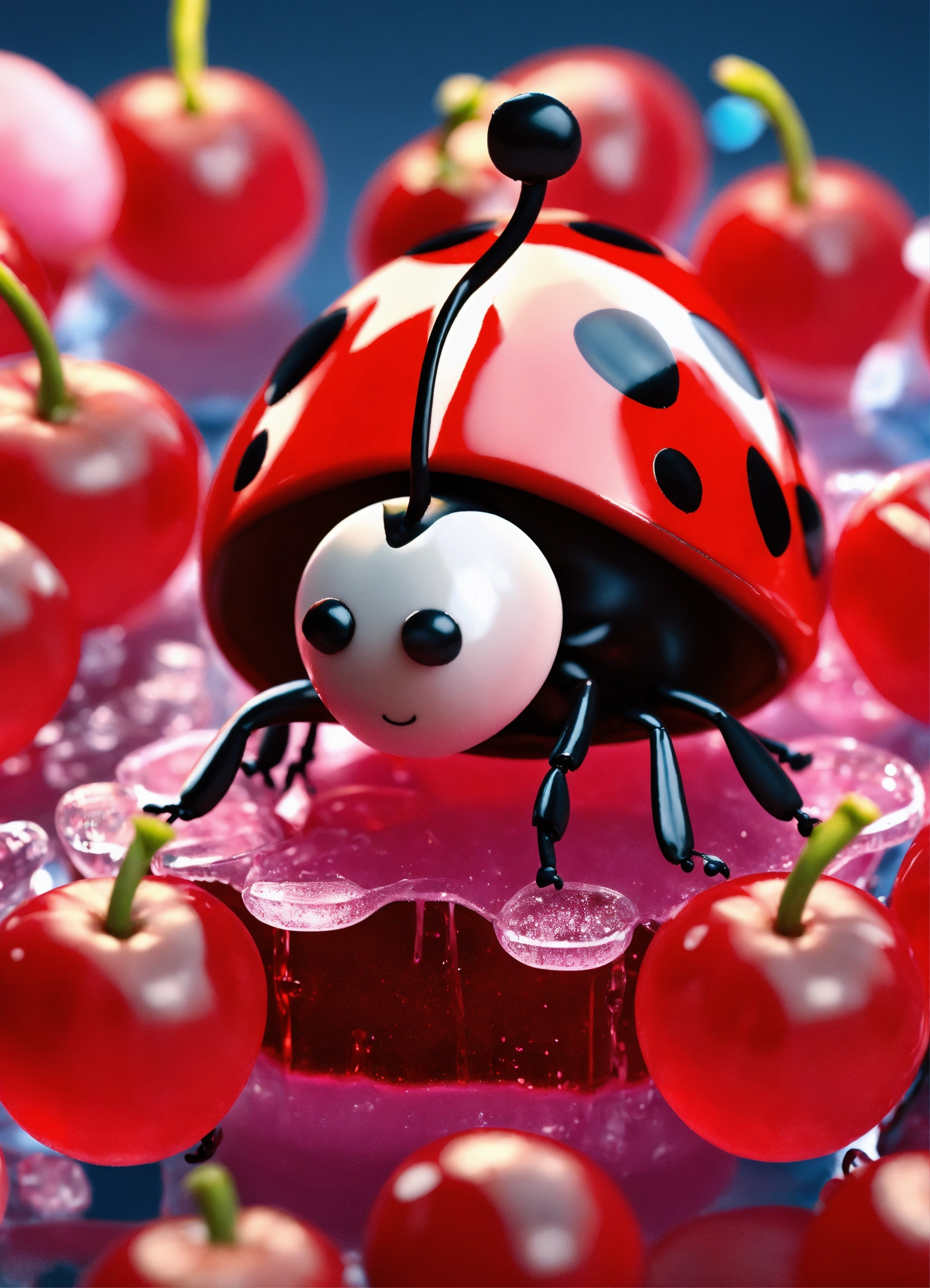 Lexica - A cute 3D ladybug character sitting on an cherry ice-cube ...