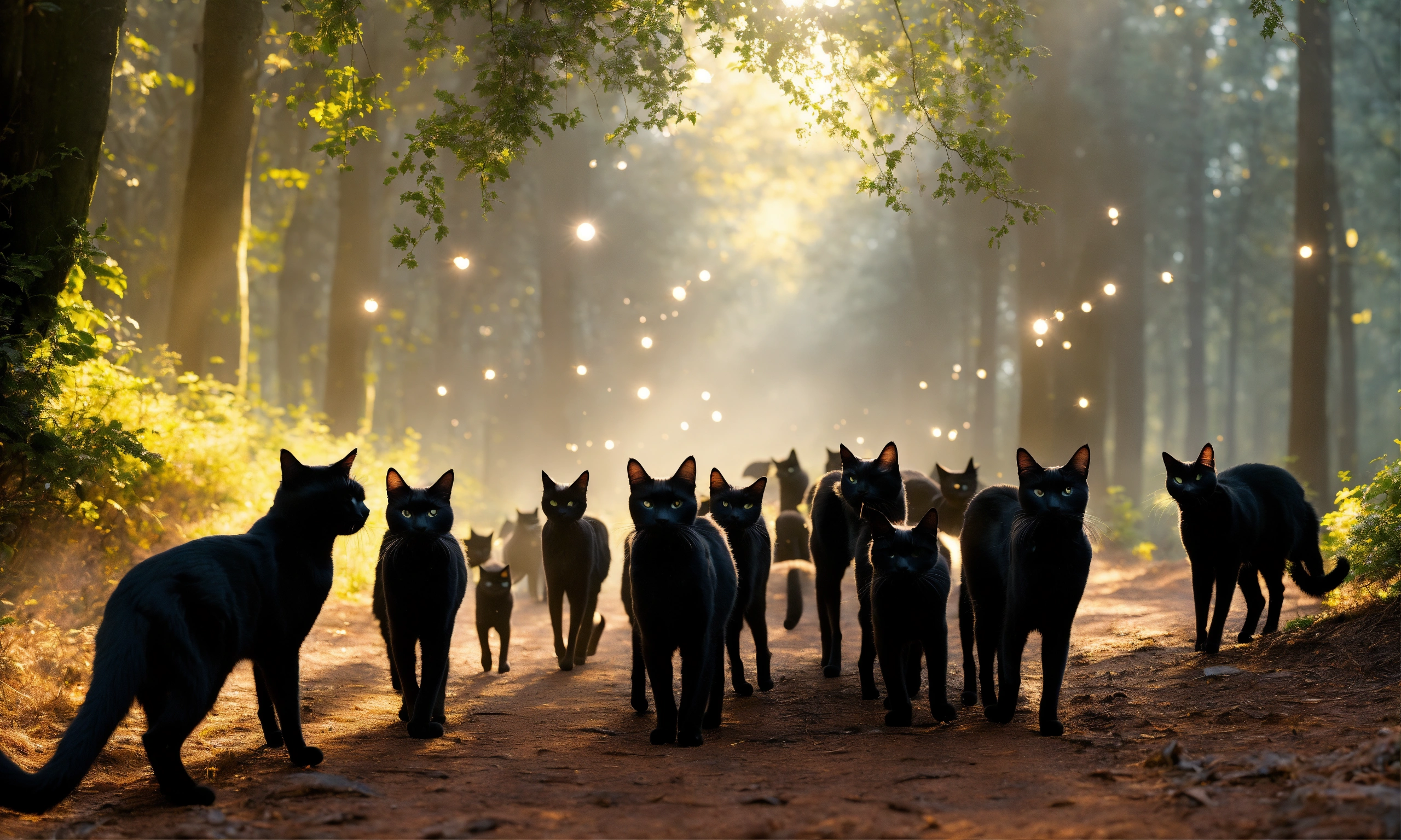 Lexica - Create an image of dozens of black cats walking in the forest ...