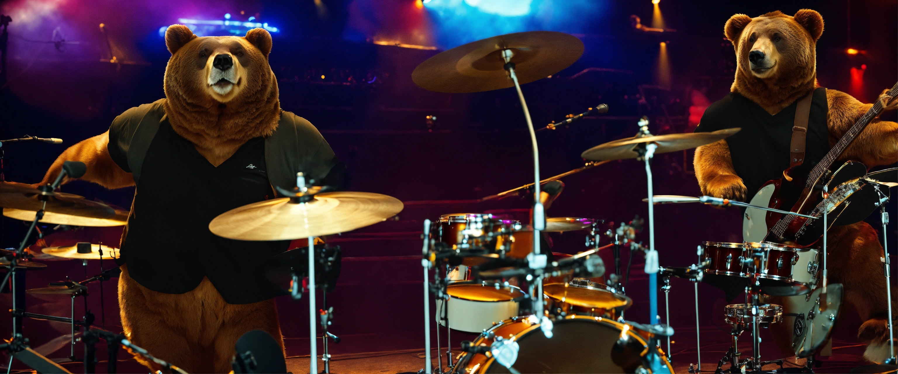 Lexica - Rockband, 2 bear guitarists, 1 bear drummer with a drum set, 1 ...