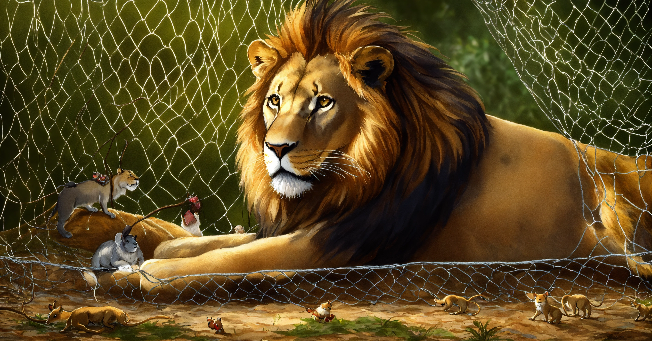 Lexica - Image of the lion trapped in a net, entangled in the net ...