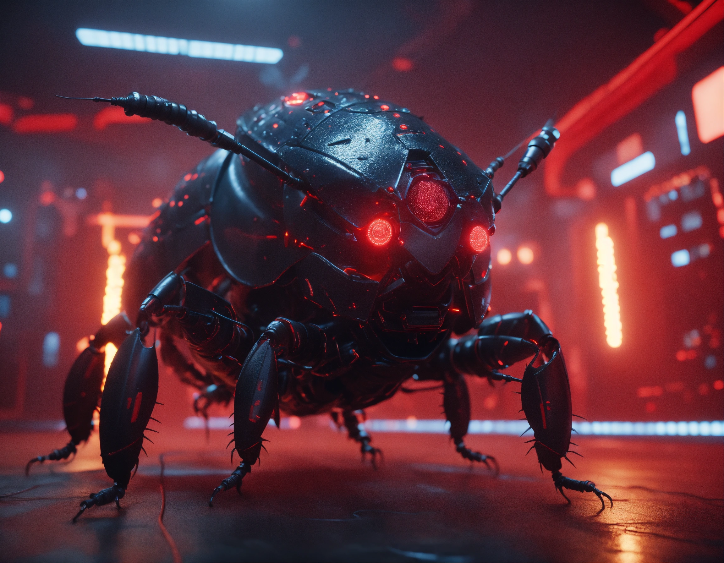 Lexica - Zoom out shot of standing black cockroach faced humanoid with ...