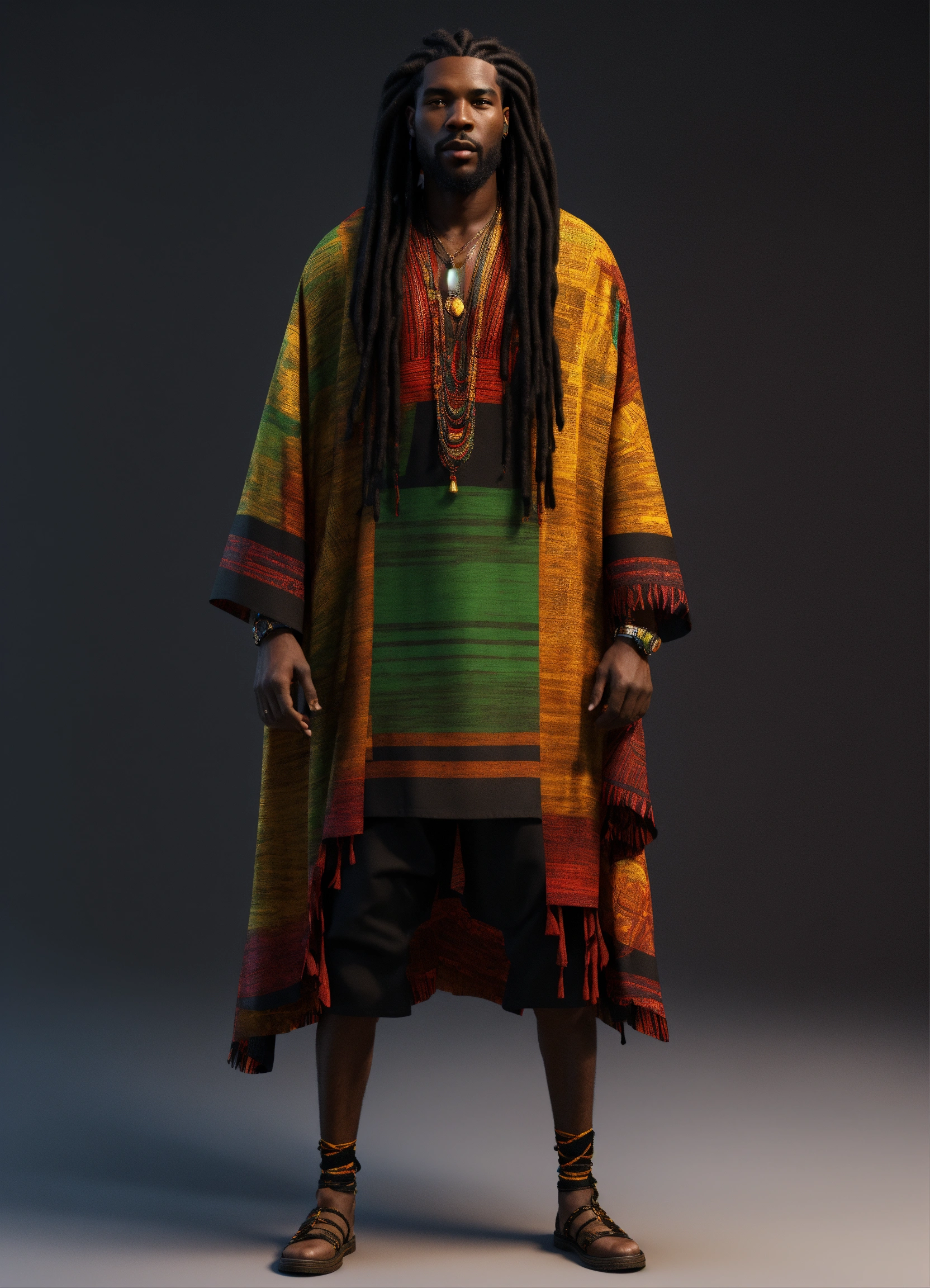 Lexica - 3d render of a Black man with long flowing dreadlocks, 6'5" tall, well-built, full body ...
